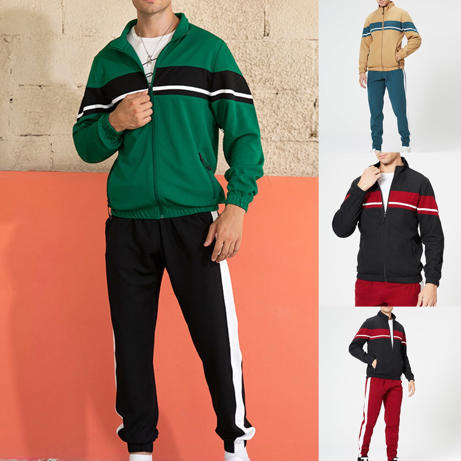 YOIAVAIOY Sweat Suits Men Striped Zip Jackets Color Block Joggers ...