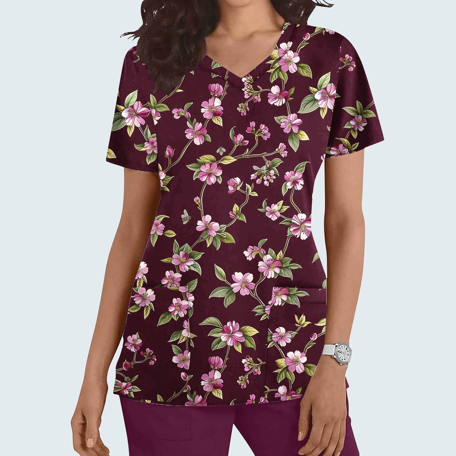 YOIAVAIOY Wine Floral Print Work Tops for Women Shorts Sleeve Colourful ...