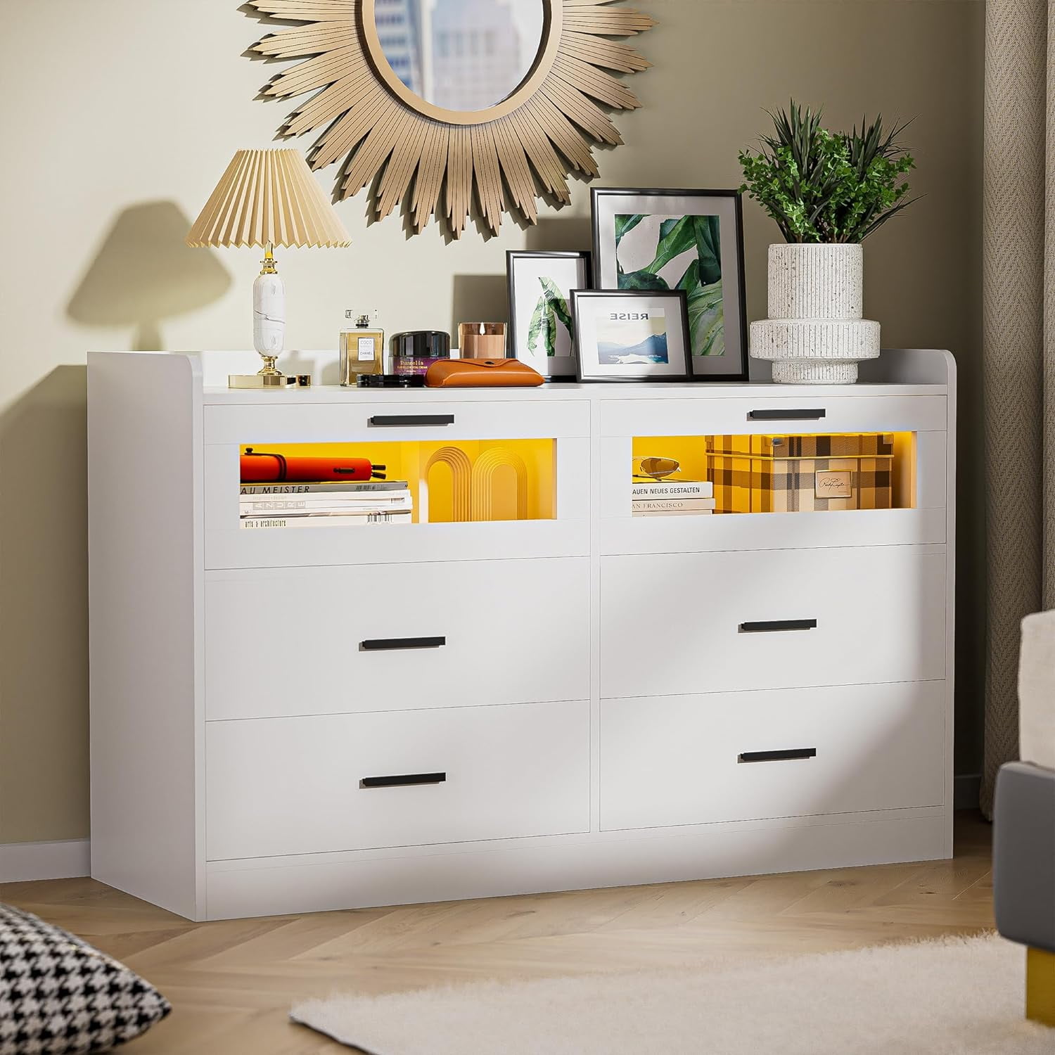 YOJFOTOOU. White 6 Drawer Dresser with LED Lights and 2 Visual Drawers ...