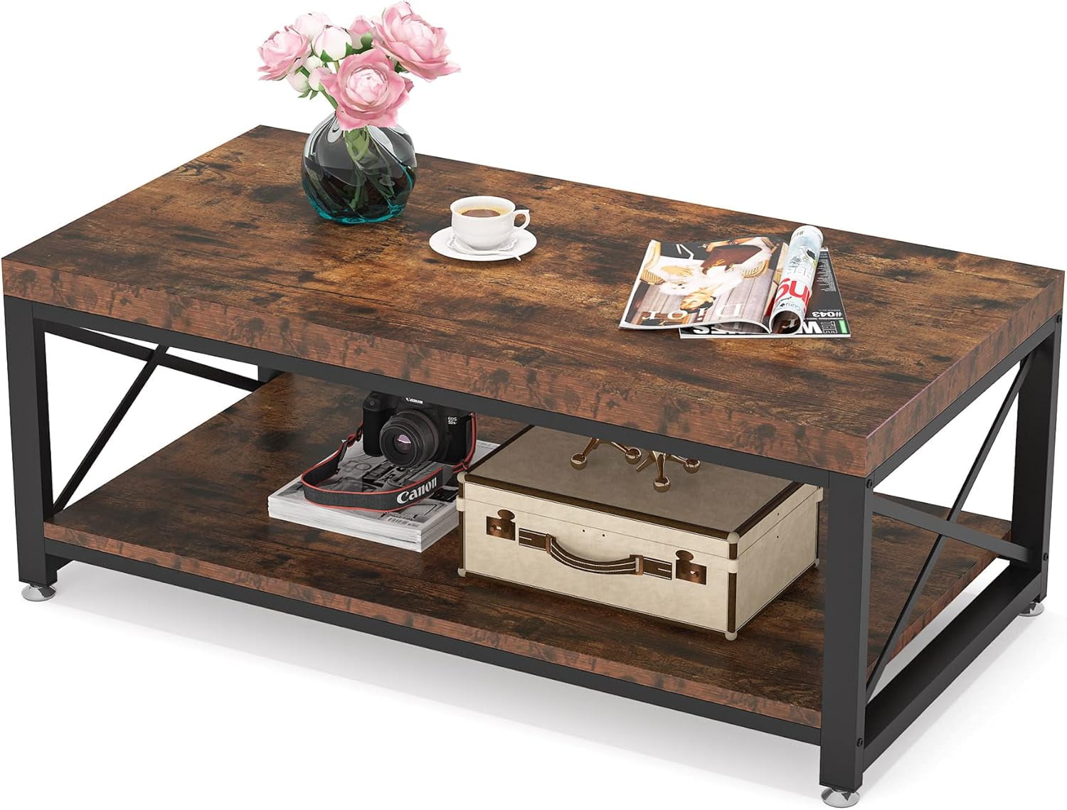 Industrial Coffee Table, 43 inch Cocktail Table with Storage Shelf for ...