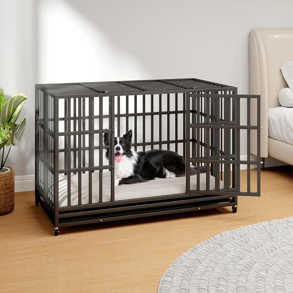 YOKWOK 42" Heavy Duty Dog Crate, Steel Foldable Dog Cage with 4 Locking ...