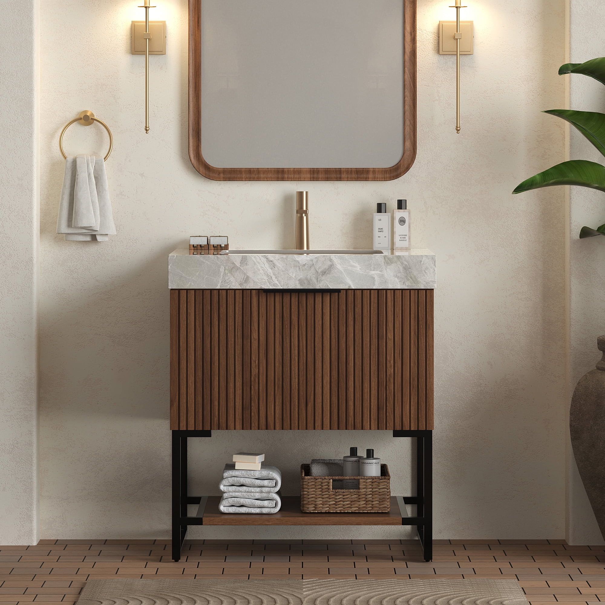 YOLAN 30"Bathroom Vanity&Sink,Freestanding Striped Plywood Storage ...