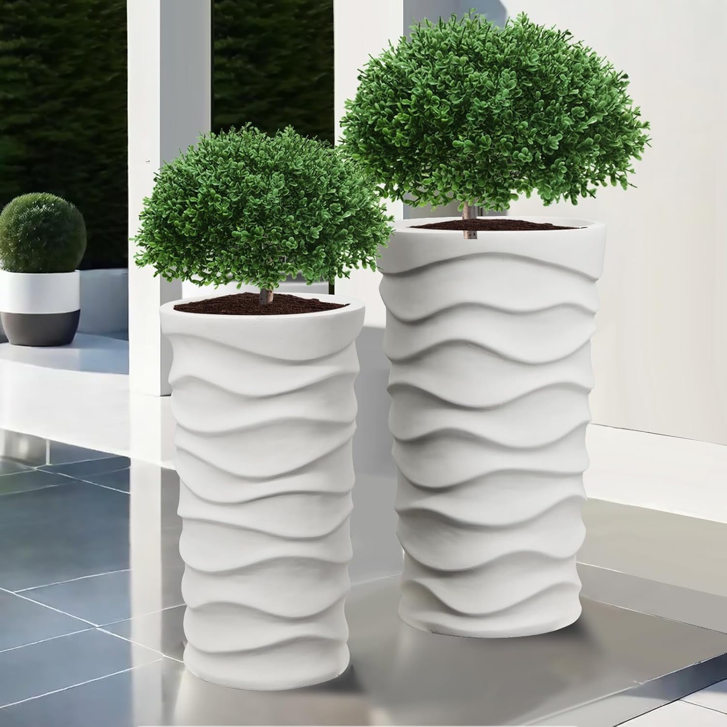 YOLENY Tall Planters with Drainage Hole 2 Pack, 20" H/18 H Porch Wavy ...