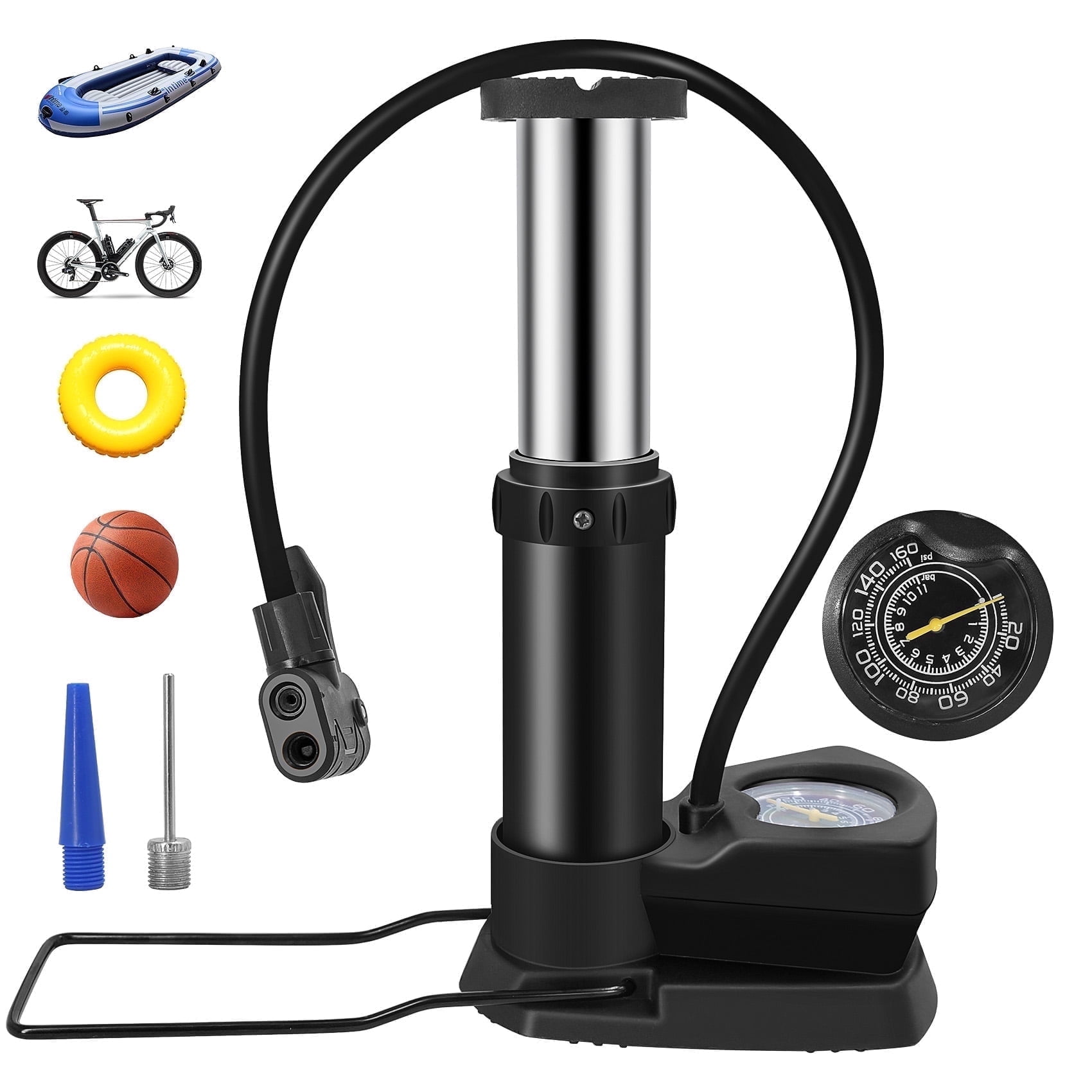 YOLETO Bike Air Pump, 160 PSI Gauge, Portable Mini Floor Pump, Presta ...