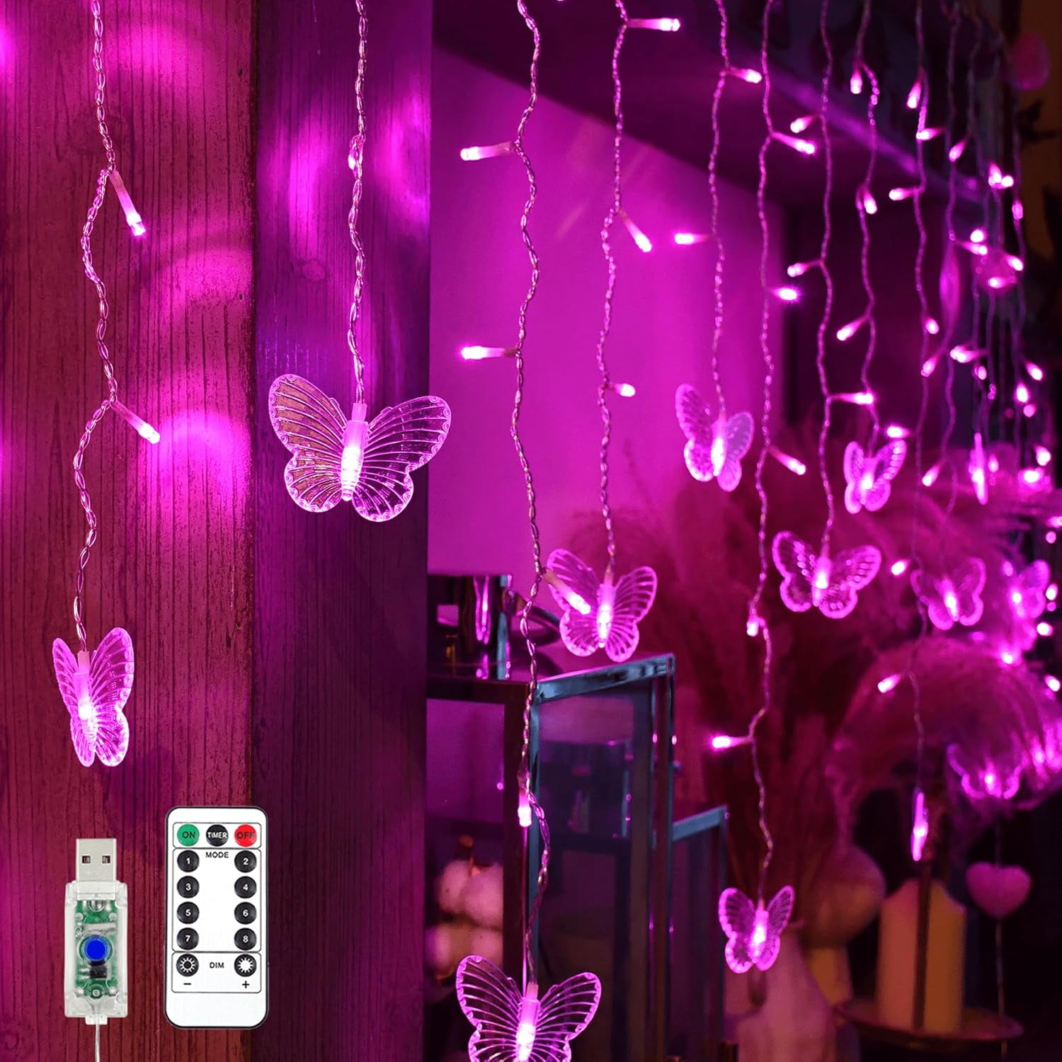 YOLIGHT Butterfly Curtain Lights, Pink Butterfly Fairy Lights with ...