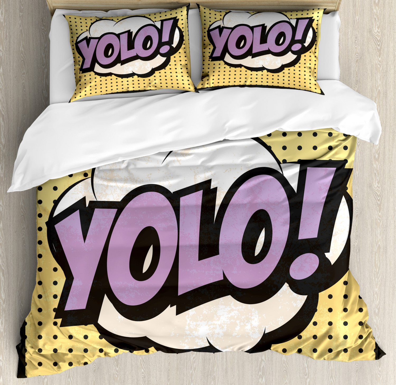 YOLO Queen Size Duvet Cover Set, Comic Book Quote on Polka Dotted ...