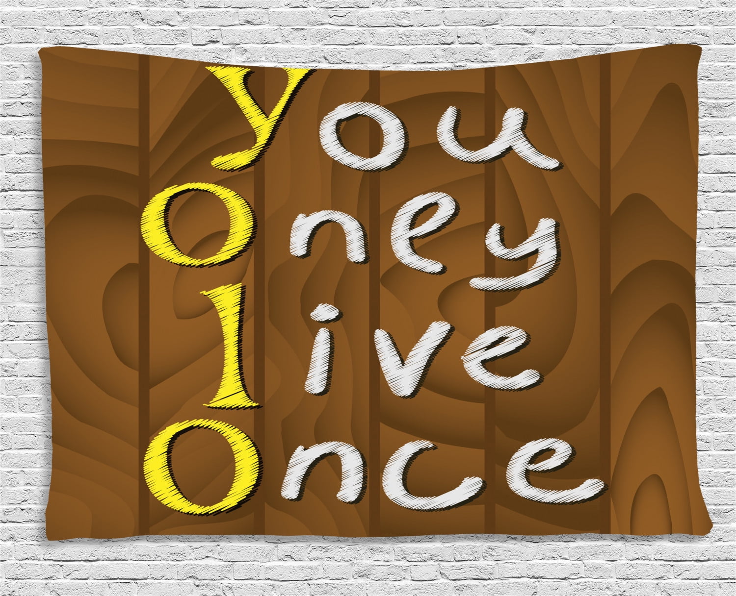 YOLO Tapestry, Cartoon Style Wooden Rustic Background with Meaningful ...