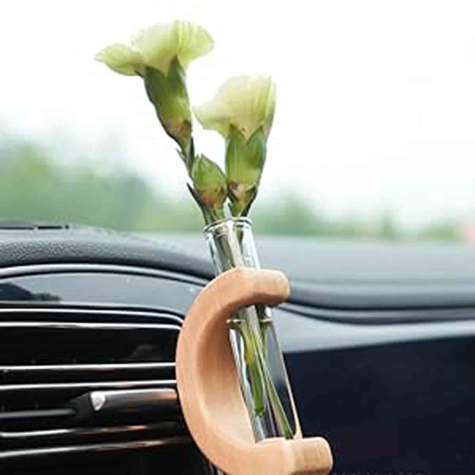 YOLOKE Mini Glass Car Flower Vase, Clip Solid Wood Car Mounted Flower ...