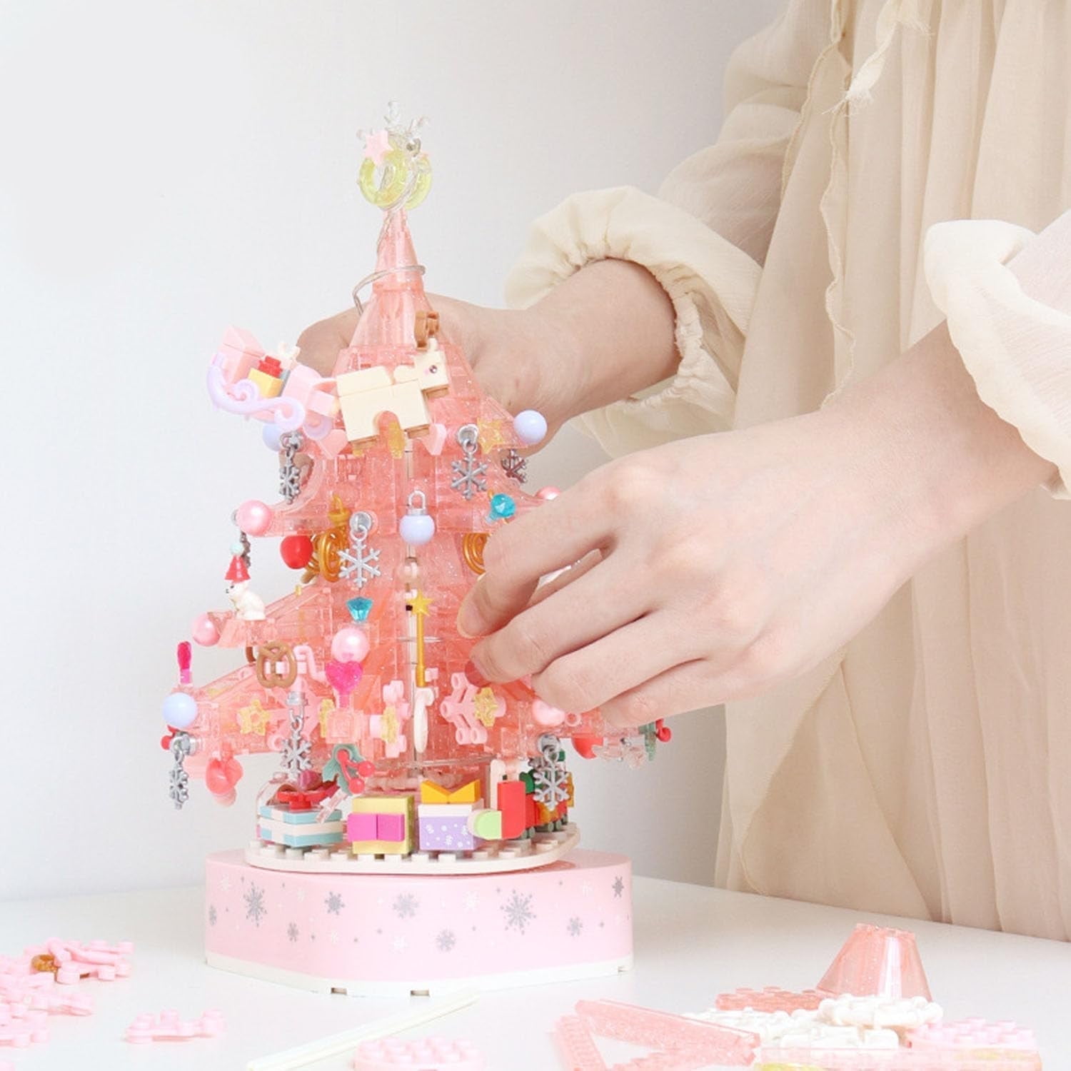 YOMOTREE Crystal Christmas Tree Building Blocks Swivel Music Box Pink ...