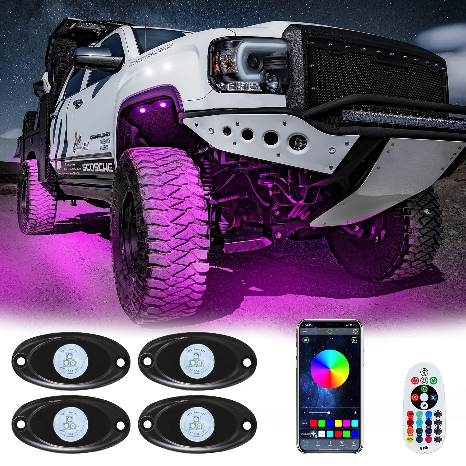 YONEDA RGB LED Rock Lights 4PODS Underglow Neon Waterproof Lighting ...