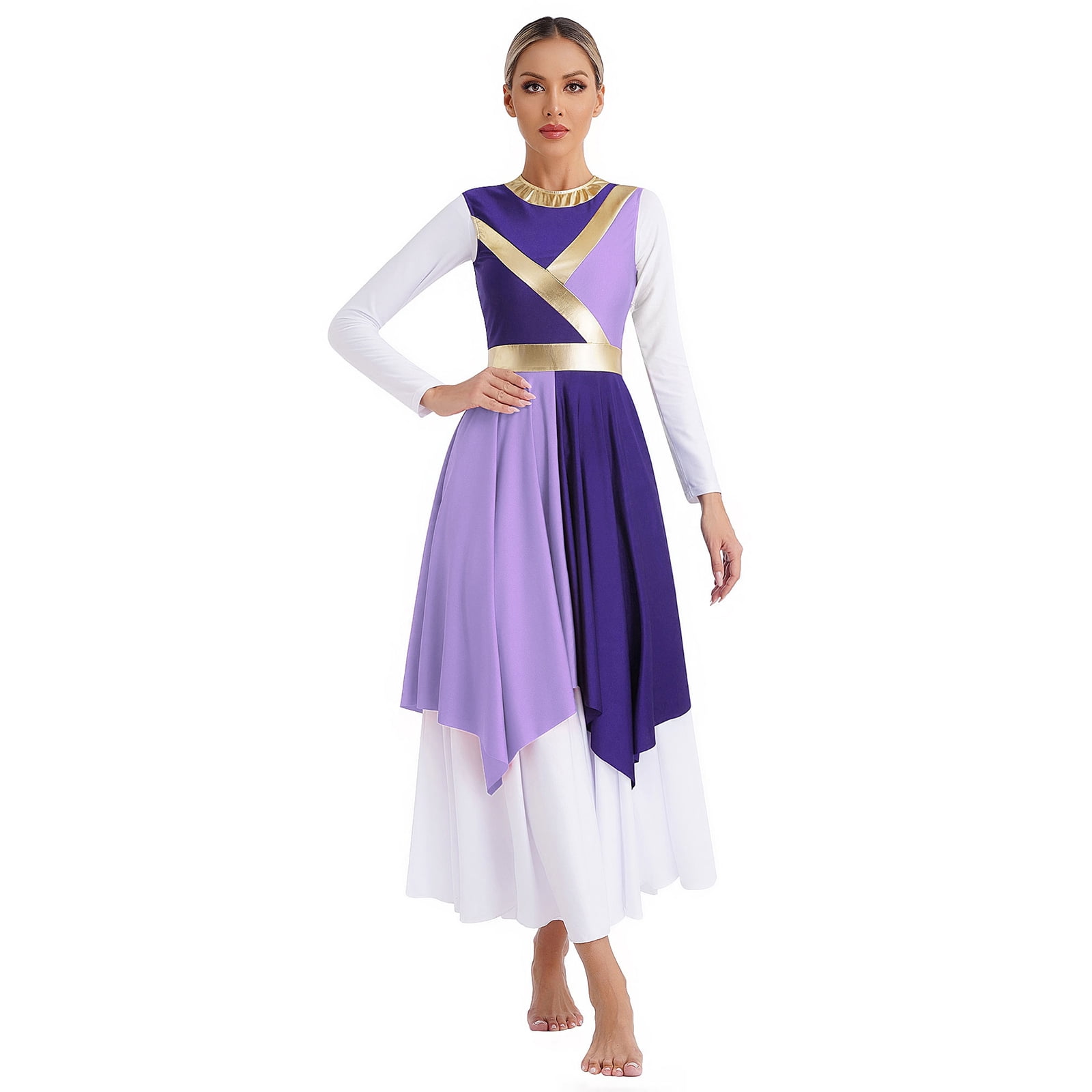YONGHS Color Block Praise Dance Dress Sleeveless Asymmetrical Hem ...