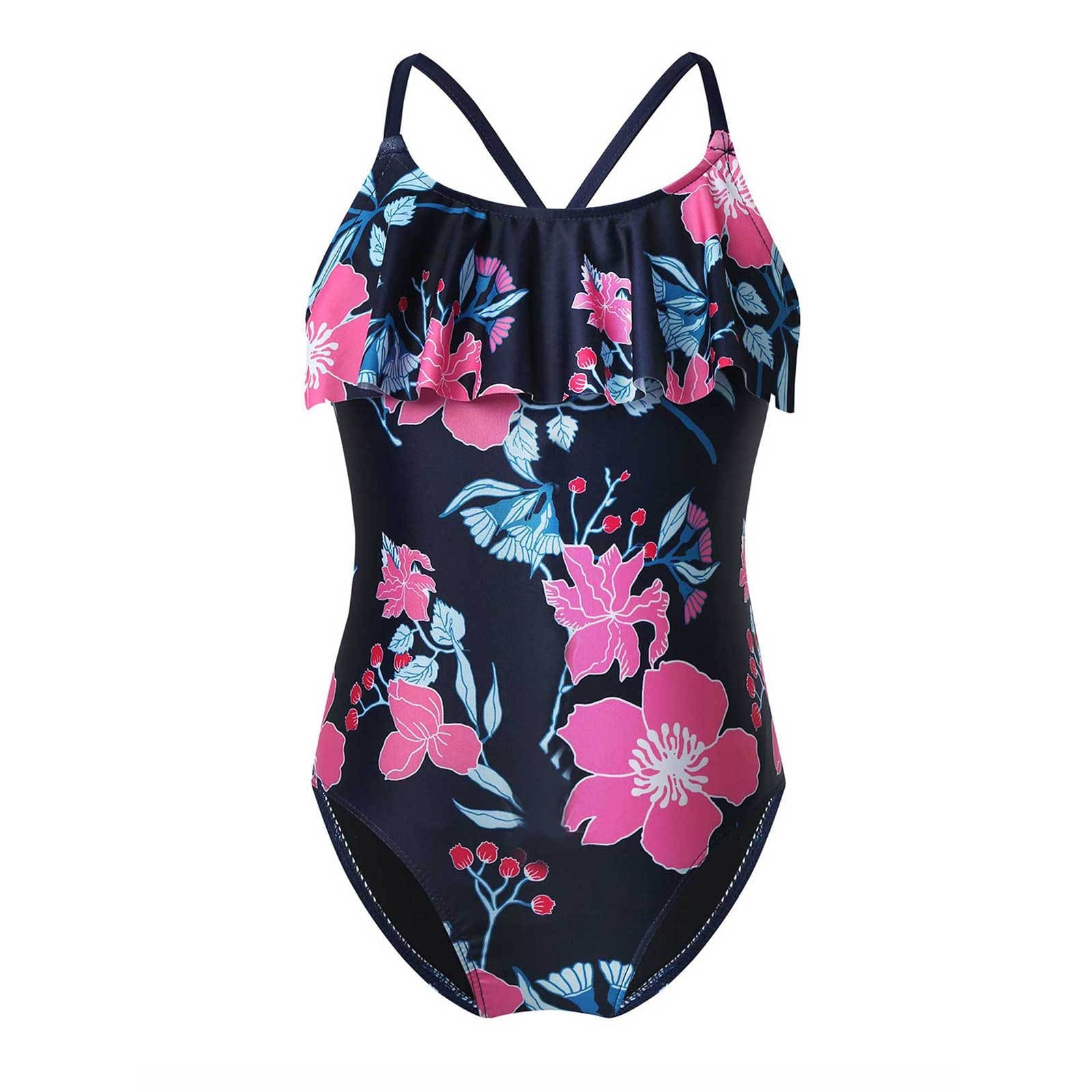 YONGHS Girl's One Piece Floral Ruffle Swimsuit Swimwear Criss Cross ...
