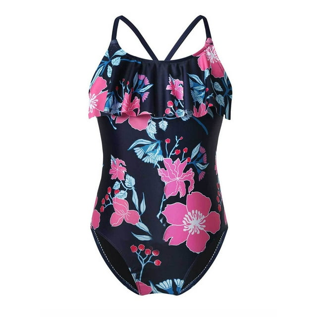 YONGHS Girl's One Piece Floral Ruffle Swimsuit Swimwear Criss Cross ...
