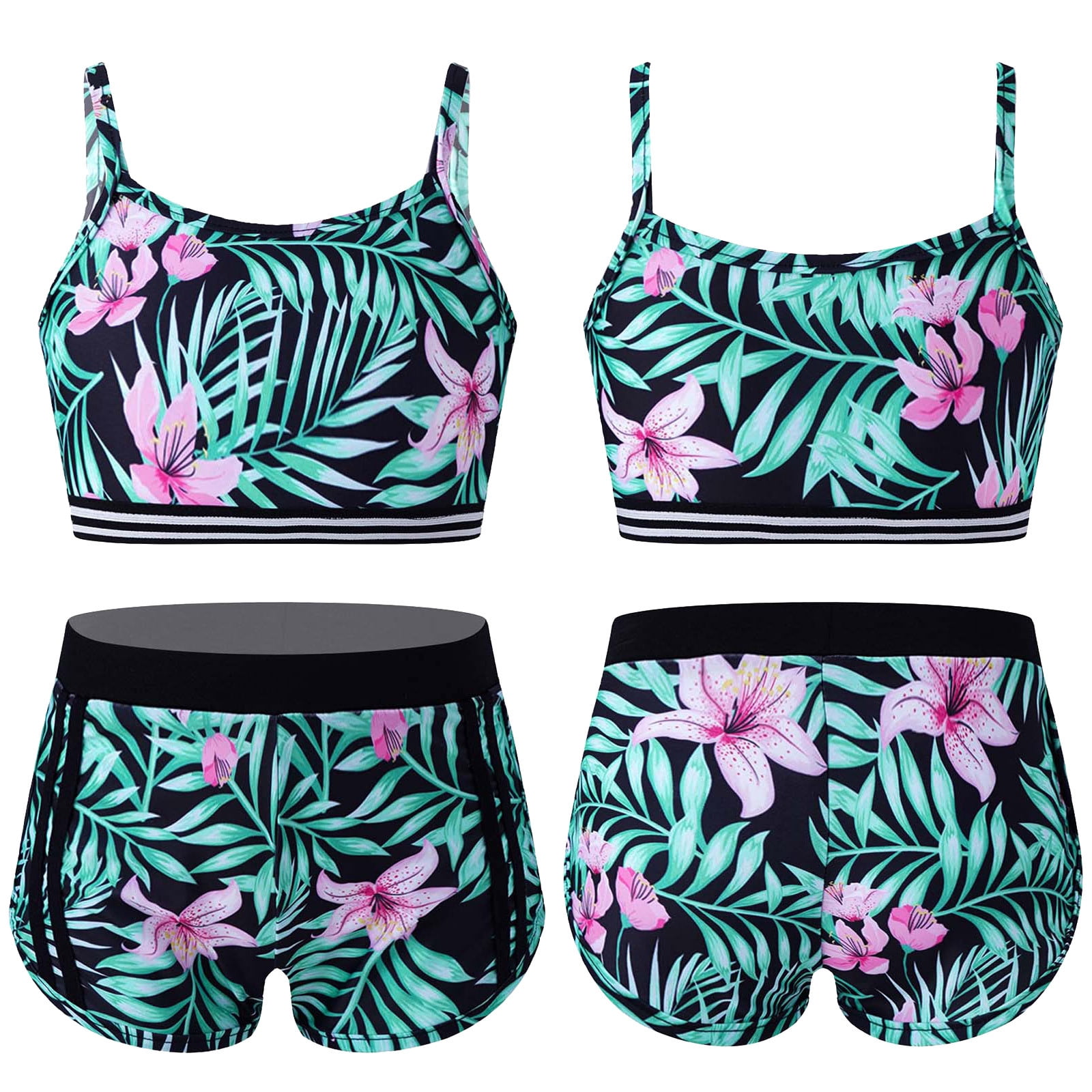 YONGHS Girls 2 Pcs Gym/Dance/Swim Outfit Camouflage Straps Crop Top ...