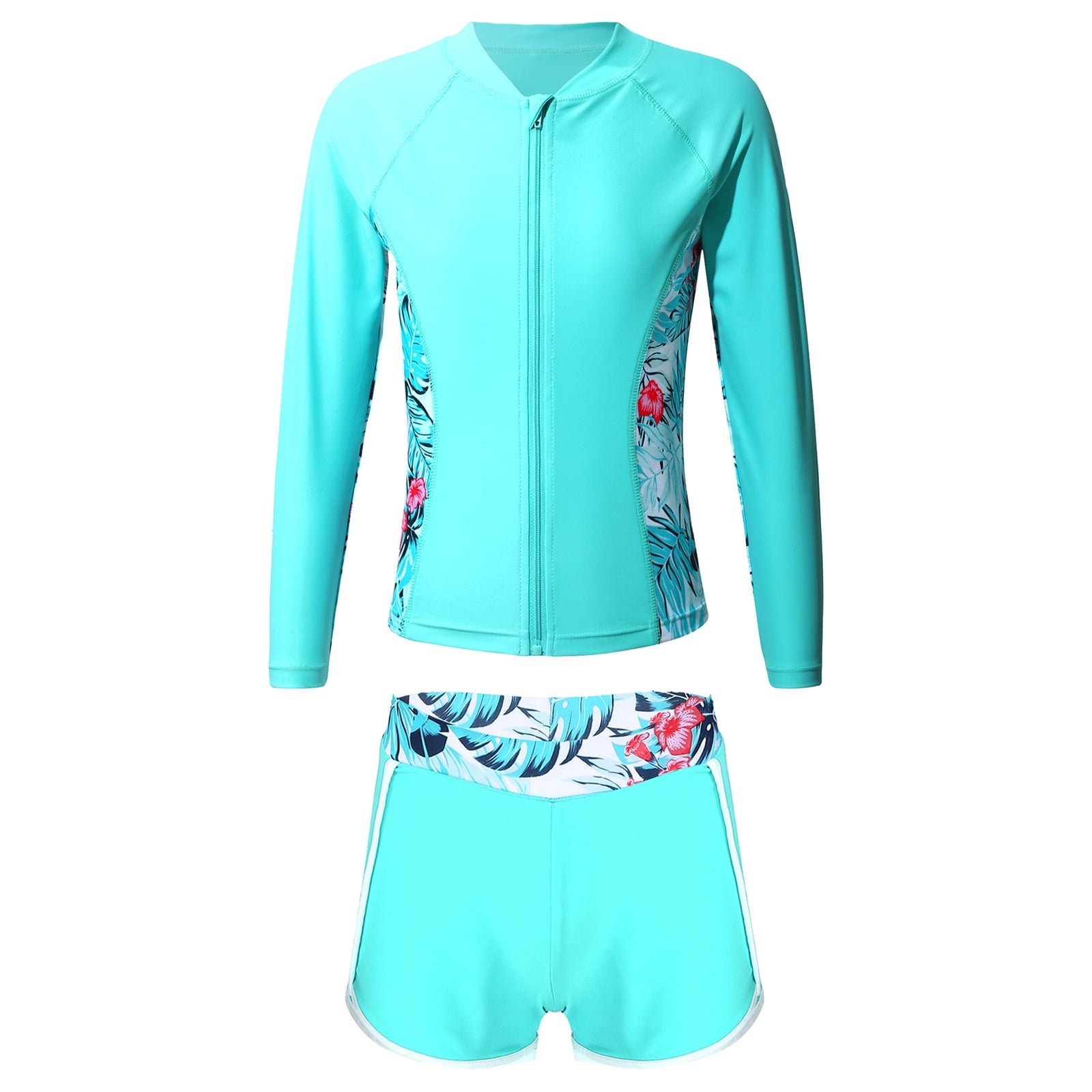 YONGHS Girls 2 Pcs Swimsuit Summer Floral Printed Long Sleeve Swim Top ...