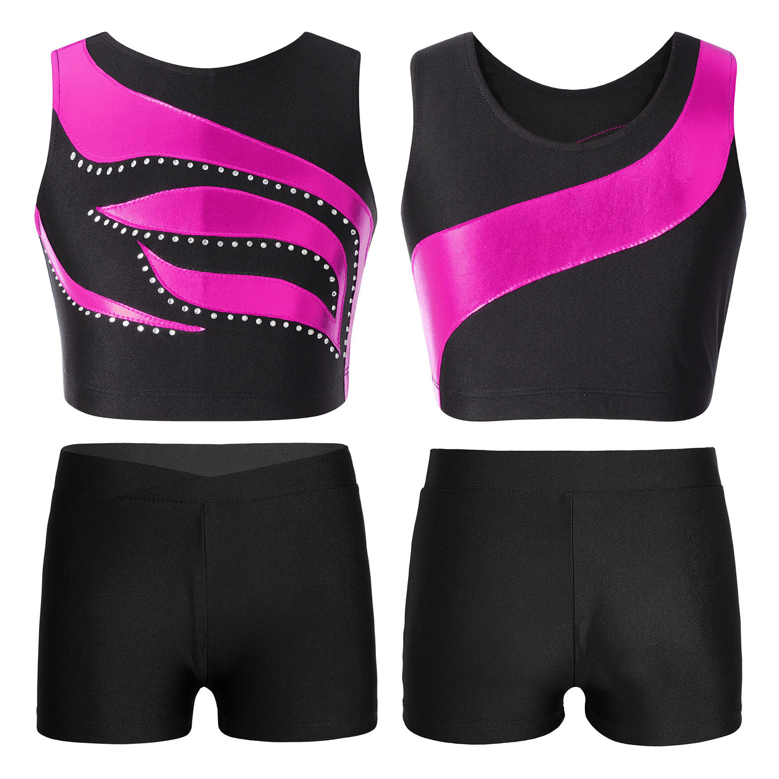 YONGHS Girls' 2-Piece Athletic Workout Gymnastics Dance Outfits Sport ...