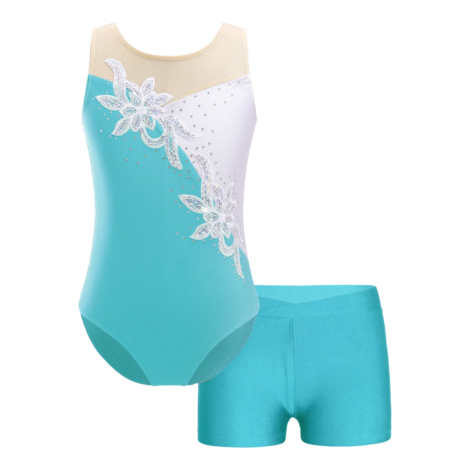 YONGHS Girls 2 Piece Gymnastic Dance Outfits Shiny Sequin Sleeveless ...