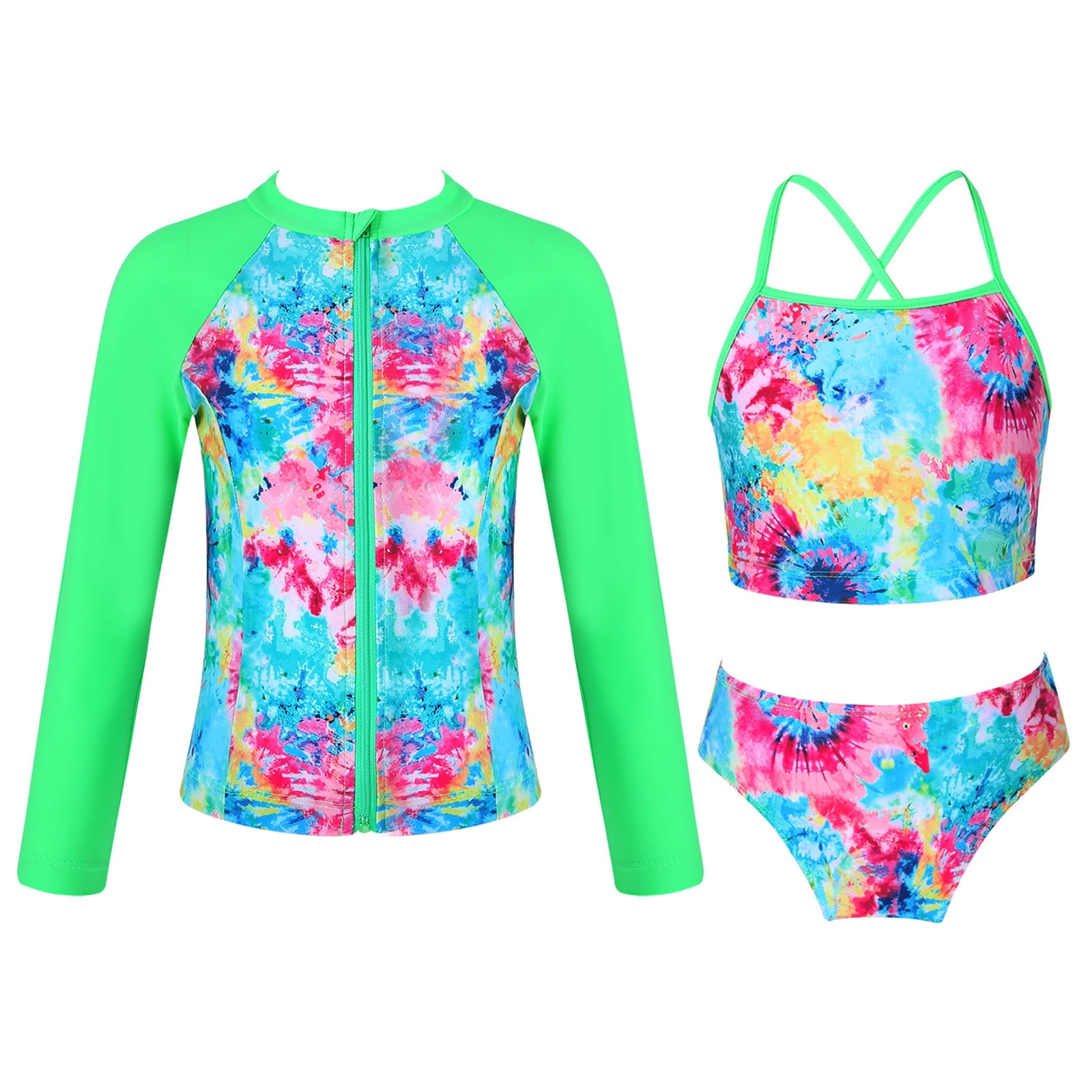 YONGHS Girls 3 Piece Rash Guard Tankini Set Floral Bikini with Long ...