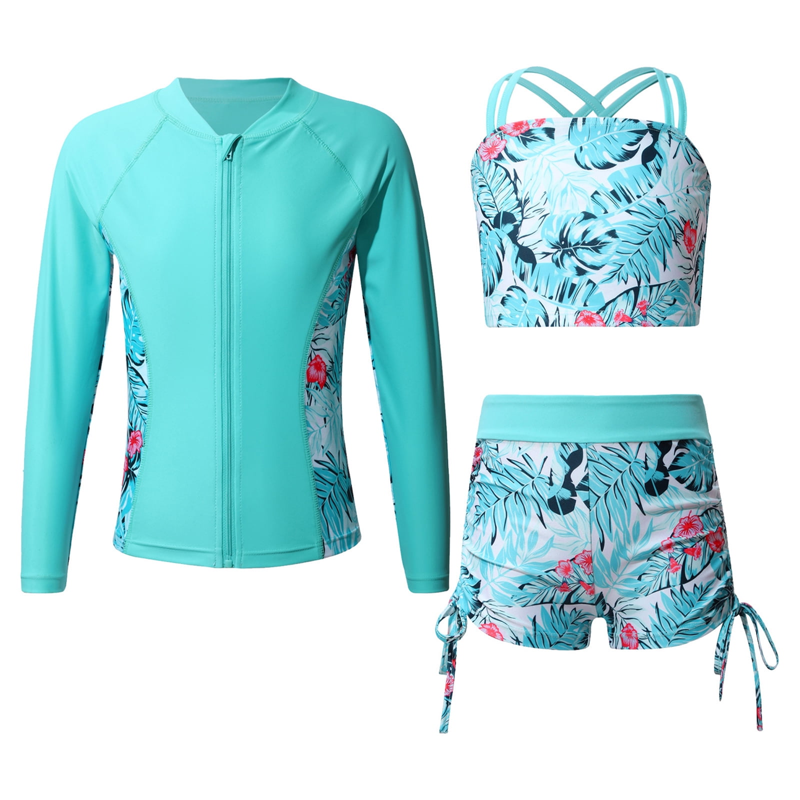 YONGHS Girls 3 Piece Rash Guard Tankini Set Floral Bikini with Long ...
