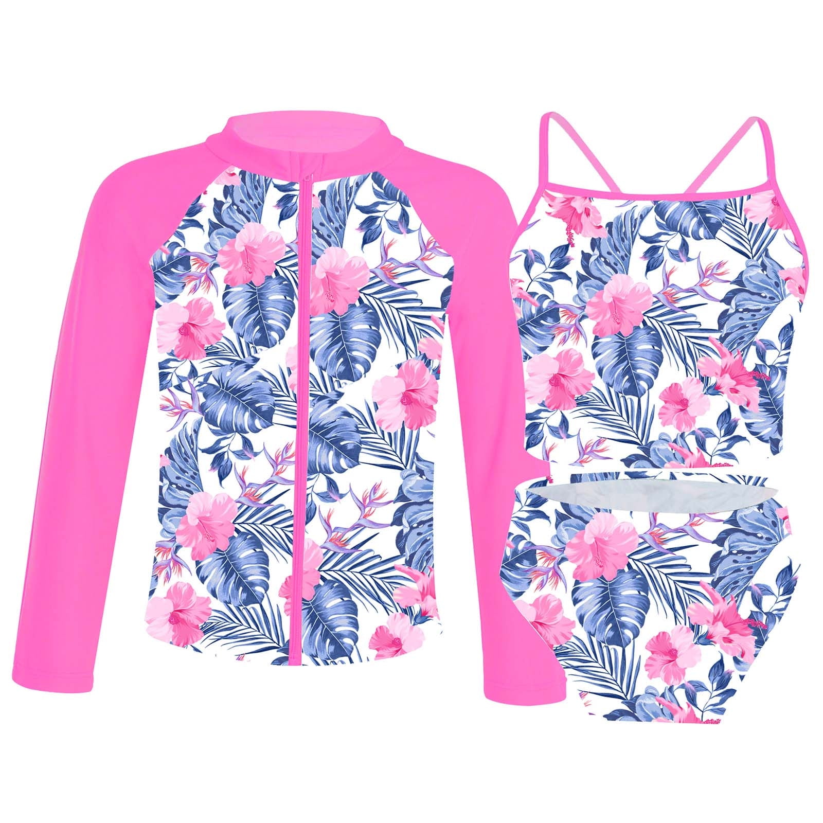 YONGHS Girls 3 Piece Rash Guard Tankini Set Floral Bikini with Long ...