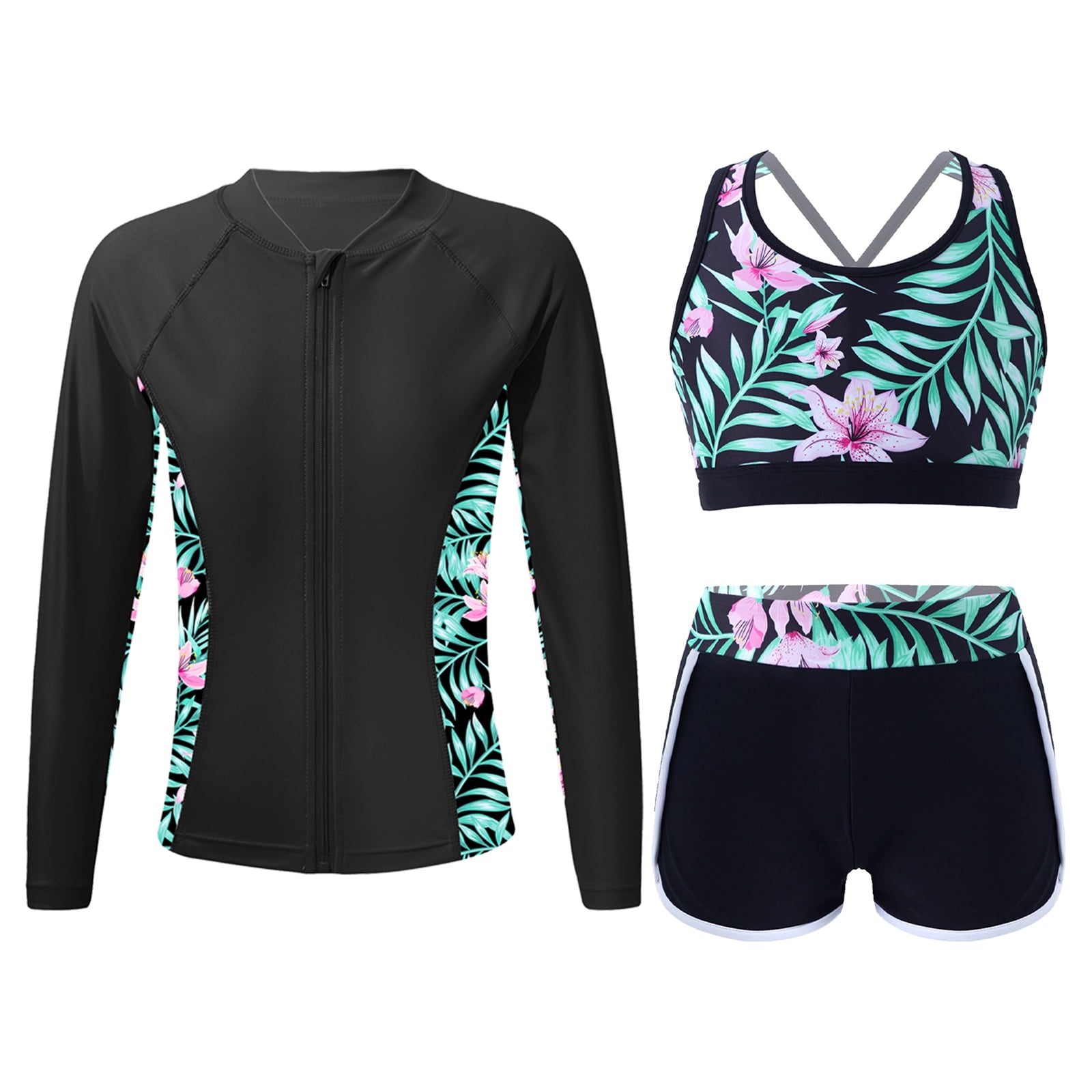 YONGHS Girls 3 Piece Rash Guard Tankini Set Floral Bikini with Long ...