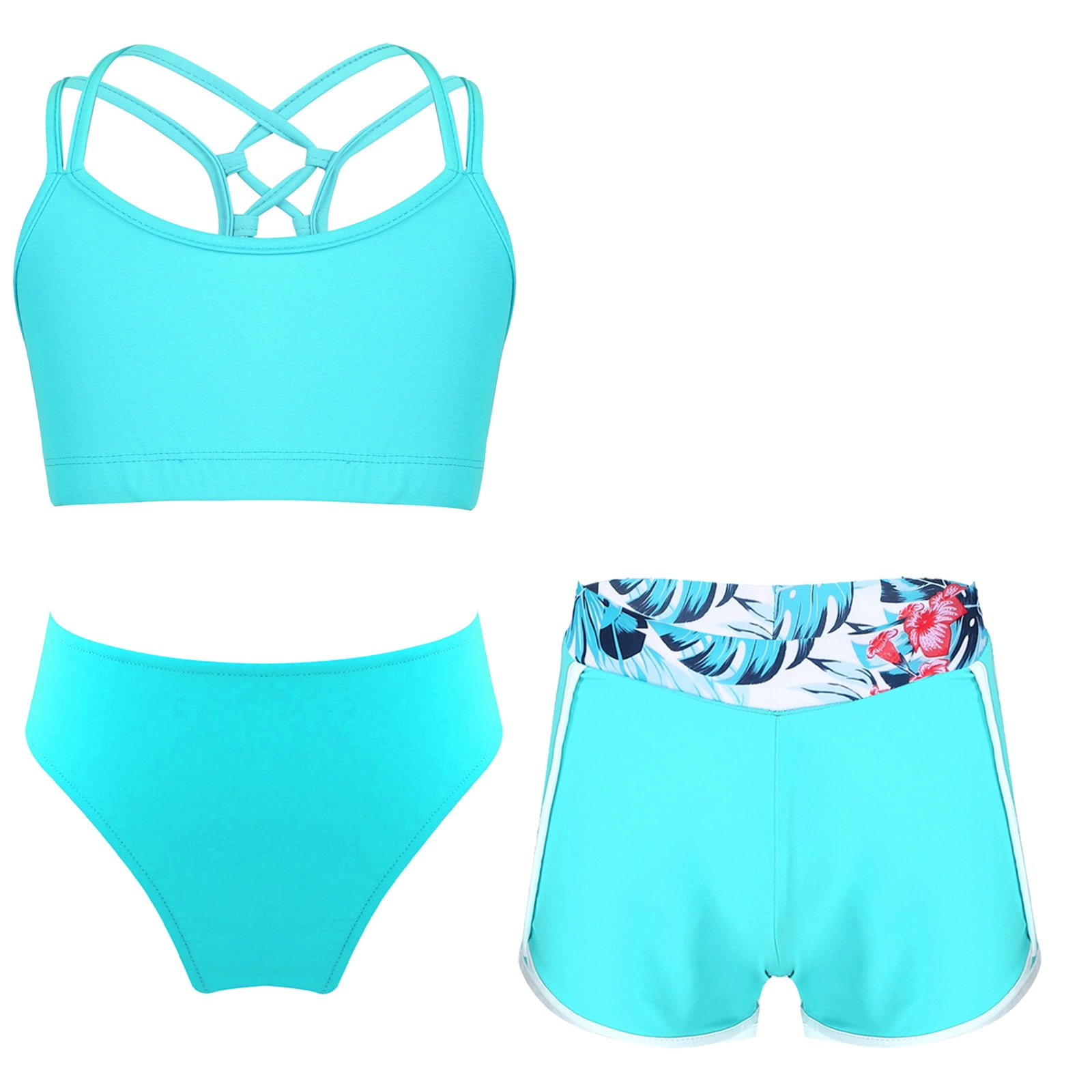 YONGHS Girls 3 Piece Swimsuits Bathing Suit Sports Crop Top Briefs Swim ...