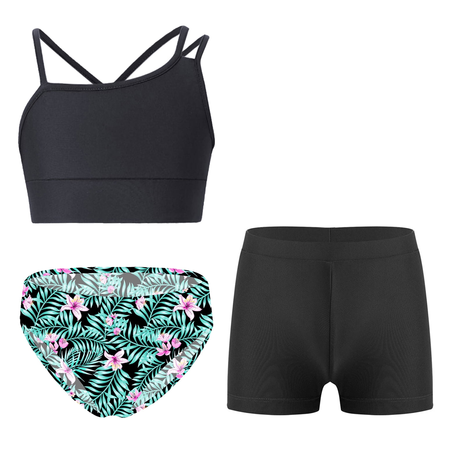 YONGHS Girls 3 Piece Swimsuits Bathing Suit Sports Crop Top Briefs Swim ...