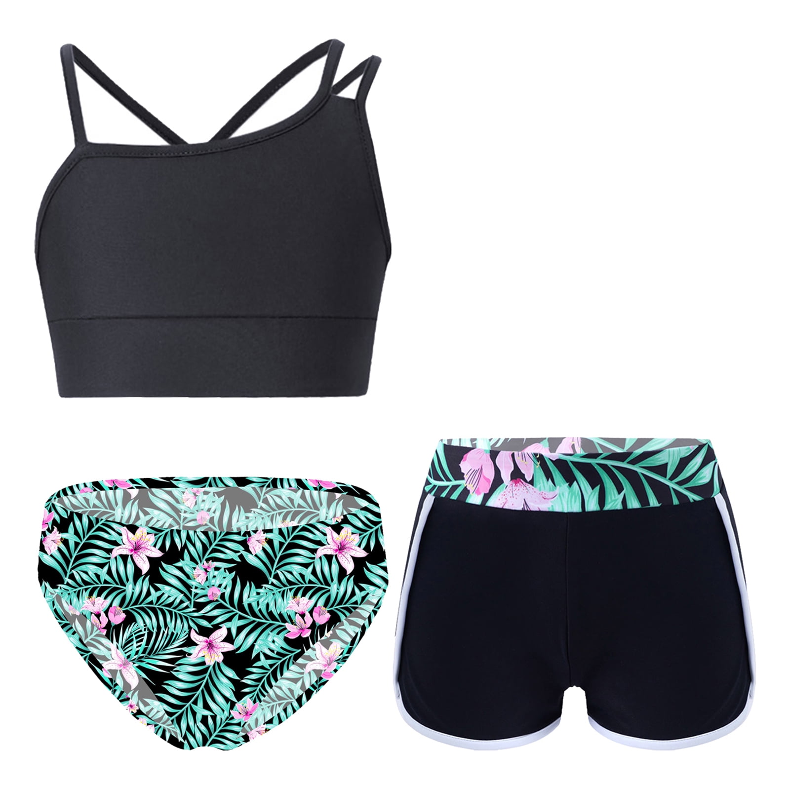 YONGHS Girls 3 Piece Swimsuits Bathing Suit Sports Crop Top Briefs Swim ...