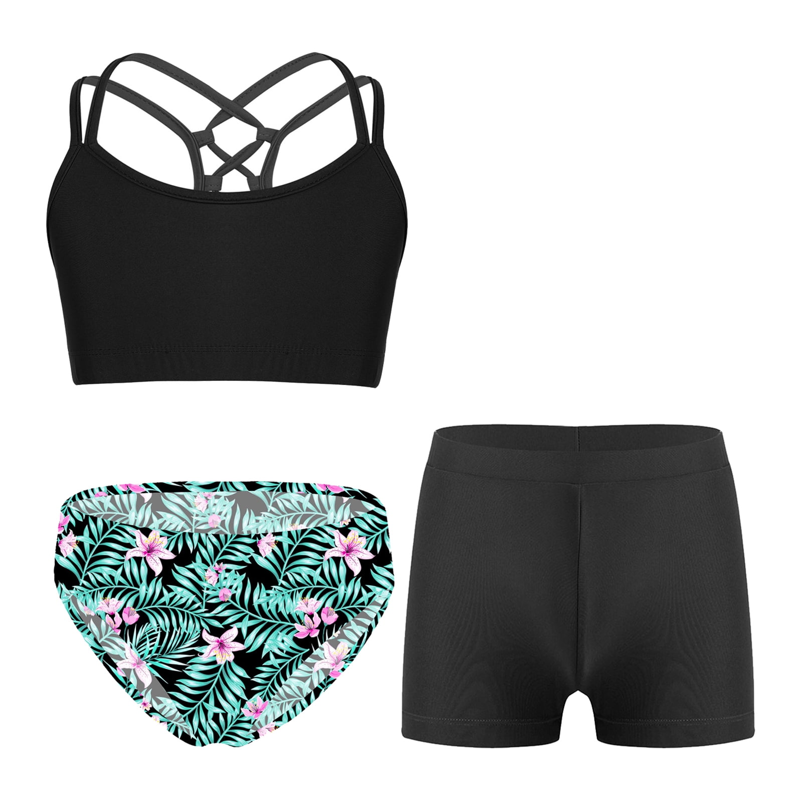 YONGHS Girls 3 Piece Swimsuits Bathing Suit Sports Crop Top Briefs Swim ...