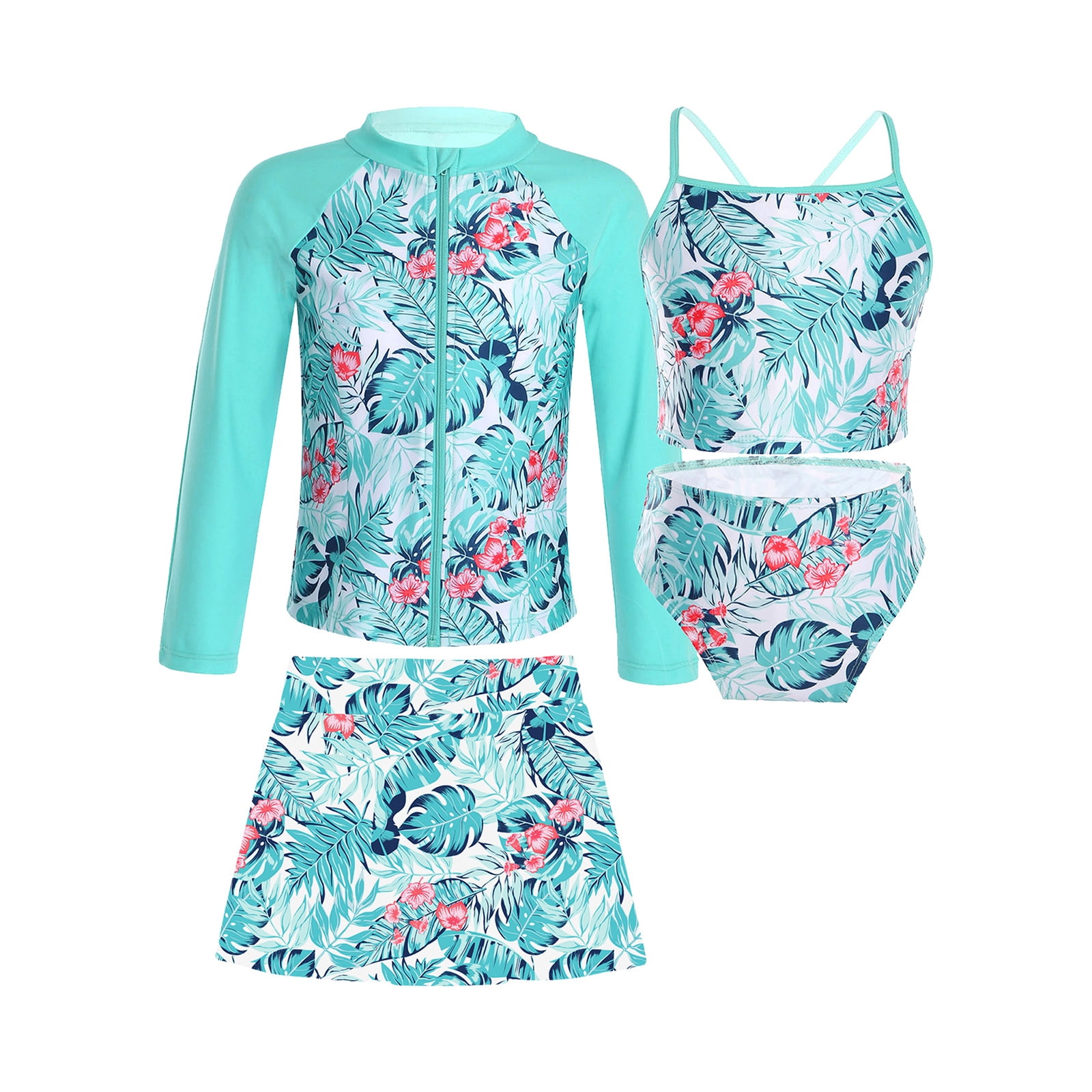 YONGHS Girls 4 Pieces Swimsuits Rash Guard Swim Set Shirt Crop Top ...