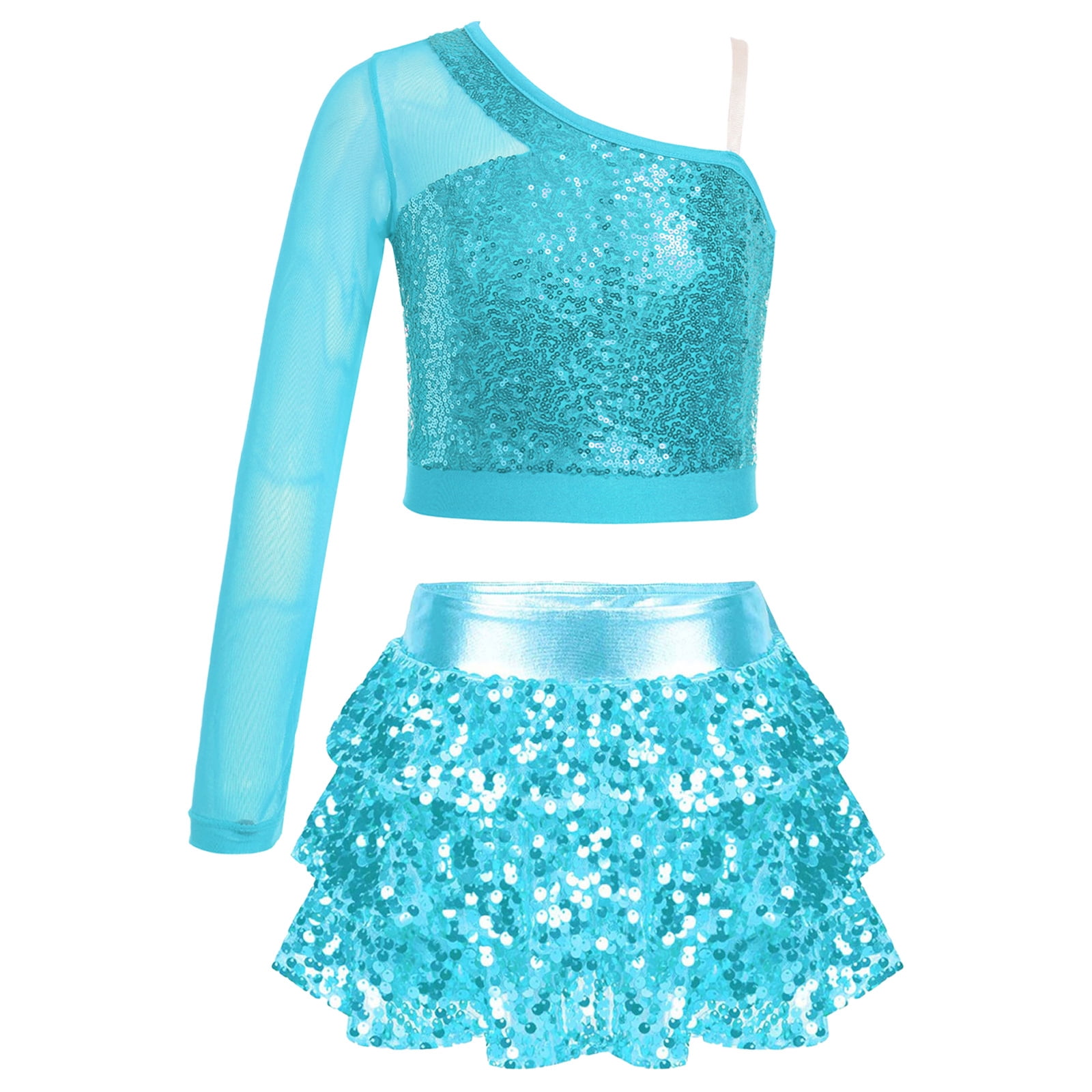 YONGHS Girls Dance Costume Long Sleeve Sequins Crop Top with Skirt Jazz ...