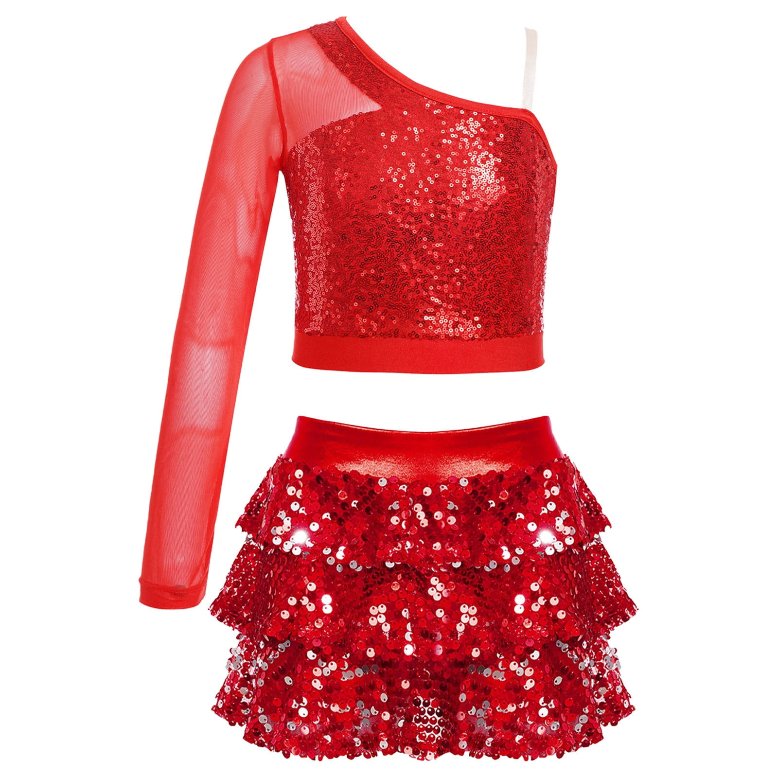 YONGHS Girls Dance Costume Long Sleeve Sequins Crop Top with Skirt Jazz ...