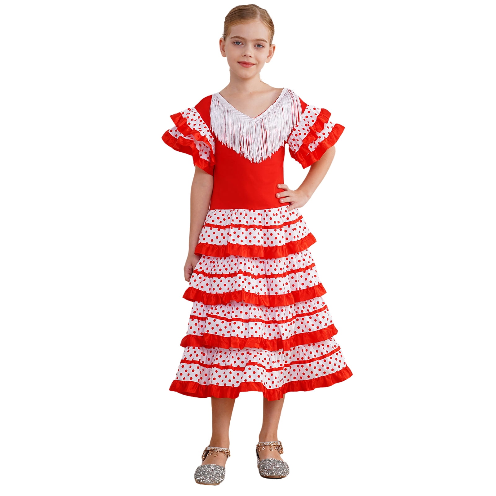 YONGHS Girls Flamenco Costume Princess Maxi Layered Dress Spanish Dance ...