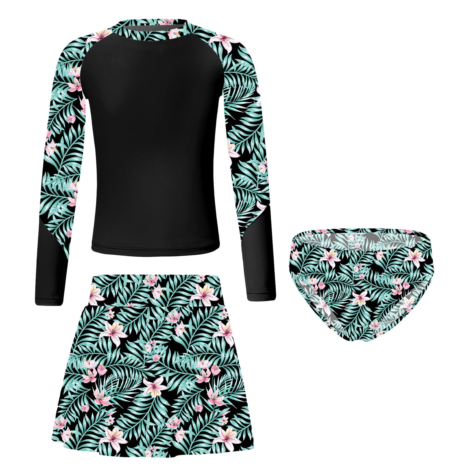 YONGHS Girls Floral Printed Rash Guard 3 Piece Swimsuits Long Sleeve ...