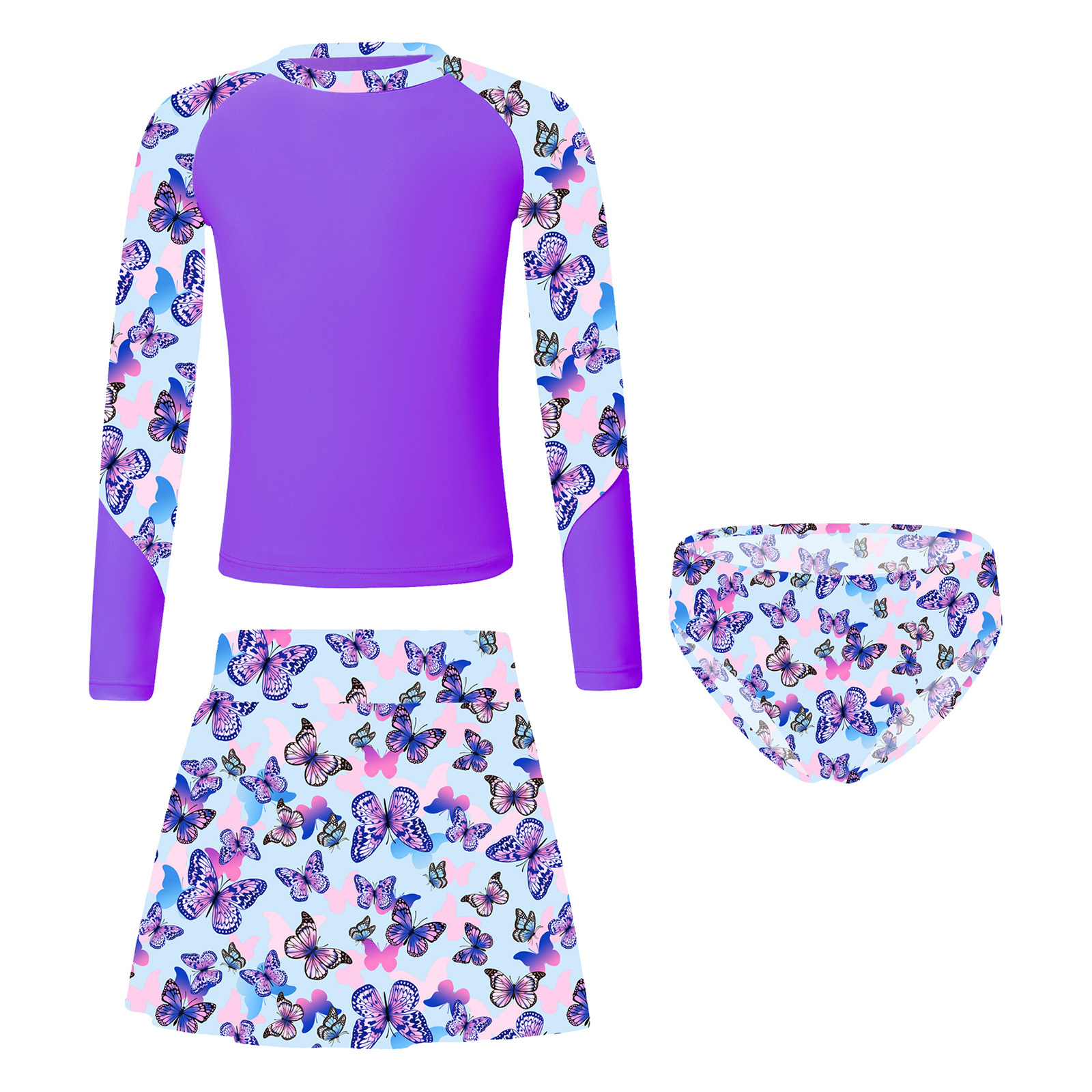 YONGHS Girls Floral Printed Rash Guard 3 Piece Swimsuits Long Sleeve ...