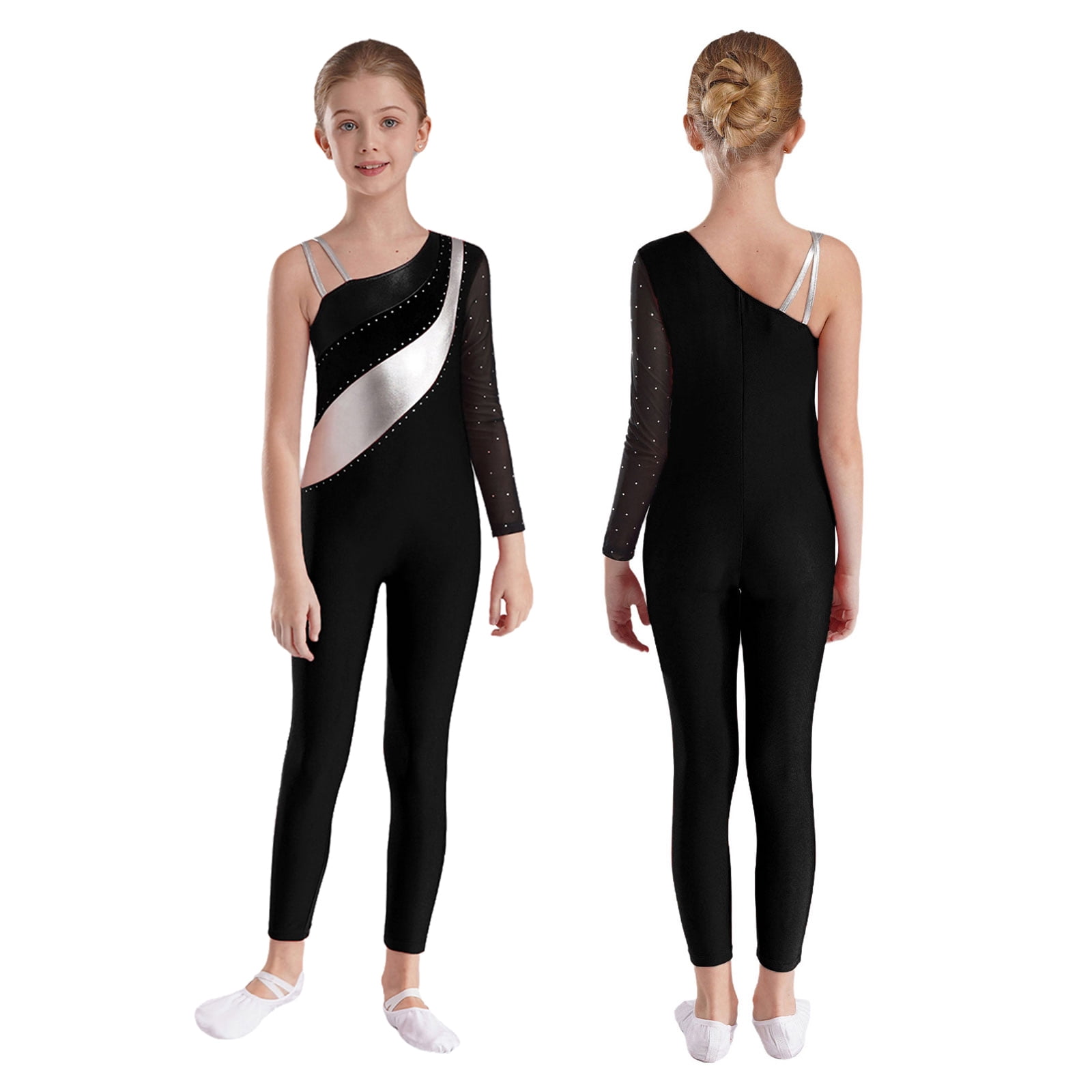 YONGHS Girls Full Body Unitard Mesh Sleeve Leotard Gymnastics Ballet ...