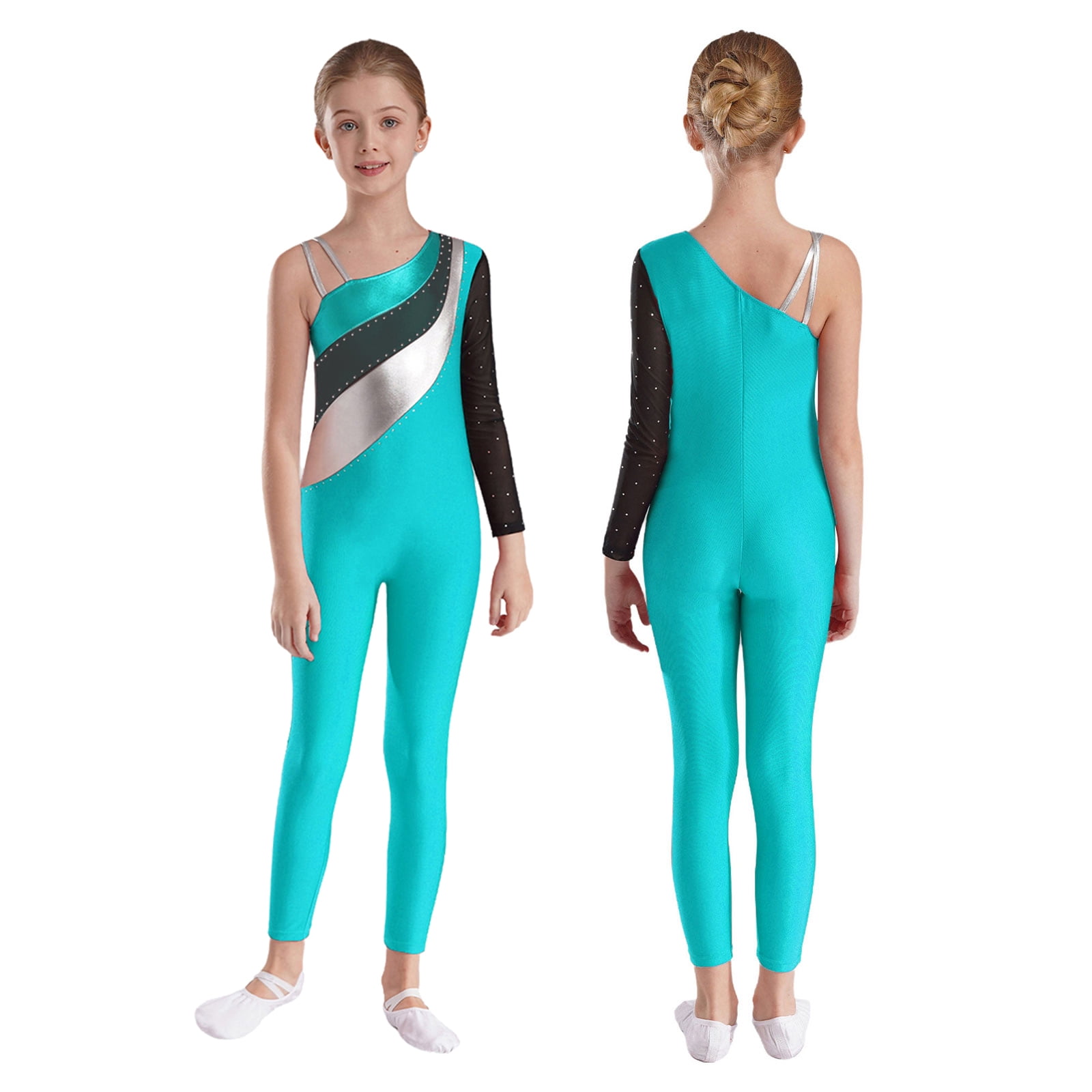YONGHS Girls Full Body Unitard Mesh Sleeve Leotard Gymnastics Ballet ...