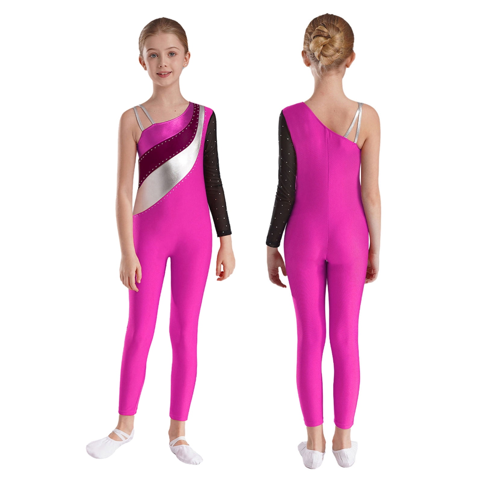 YONGHS Girls Full Body Unitard Mesh Sleeve Leotard Gymnastics Ballet ...