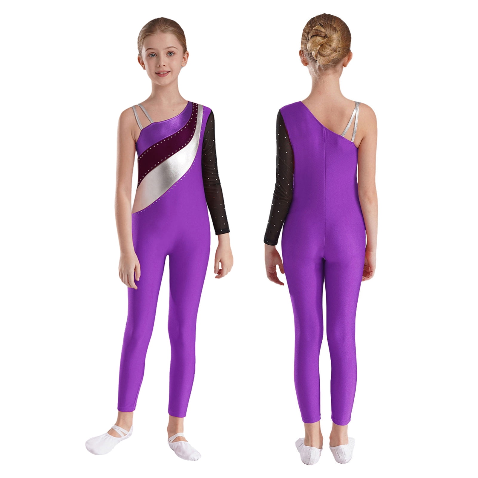 YONGHS Girls Full Body Unitard Mesh Sleeve Leotard Gymnastics Ballet ...