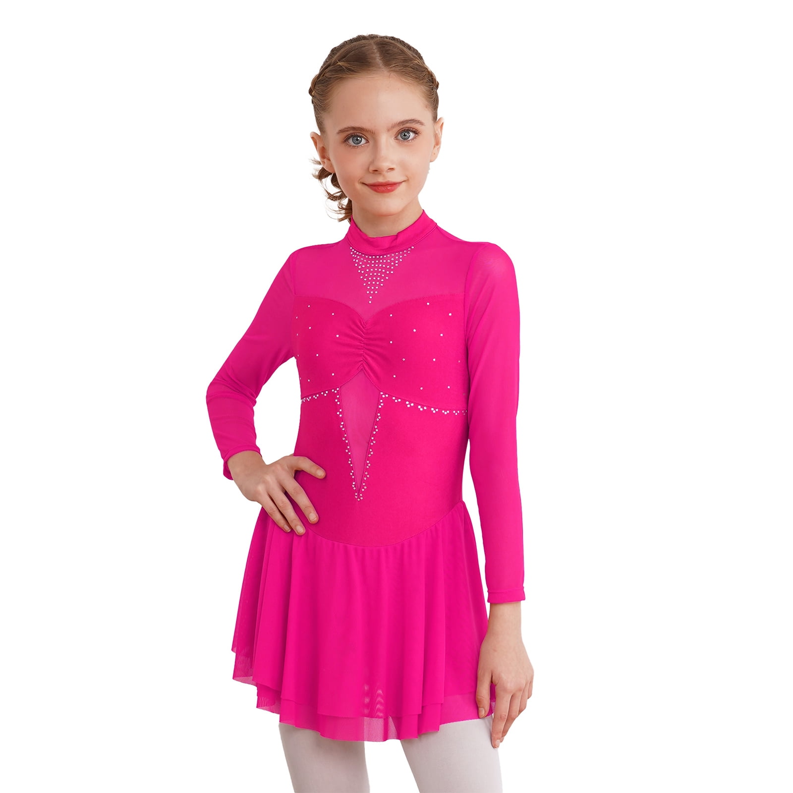 YONGHS Girls Glittery Long Sleeve Ice Skating Dress Kids Leotard Ballet ...