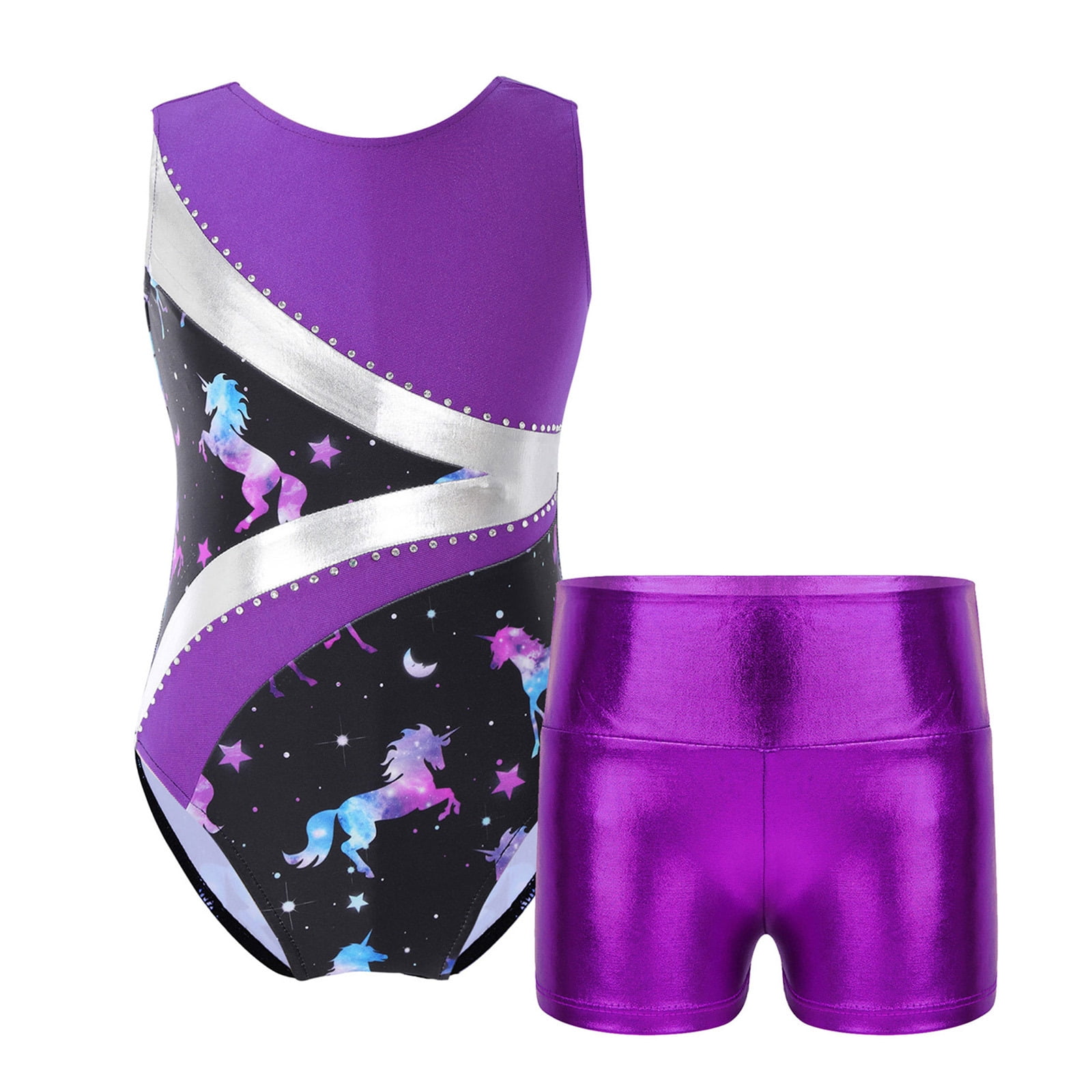 YONGHS Girls Gymnastics Metallic Sleeveless Ballet Leotards with Shorts ...