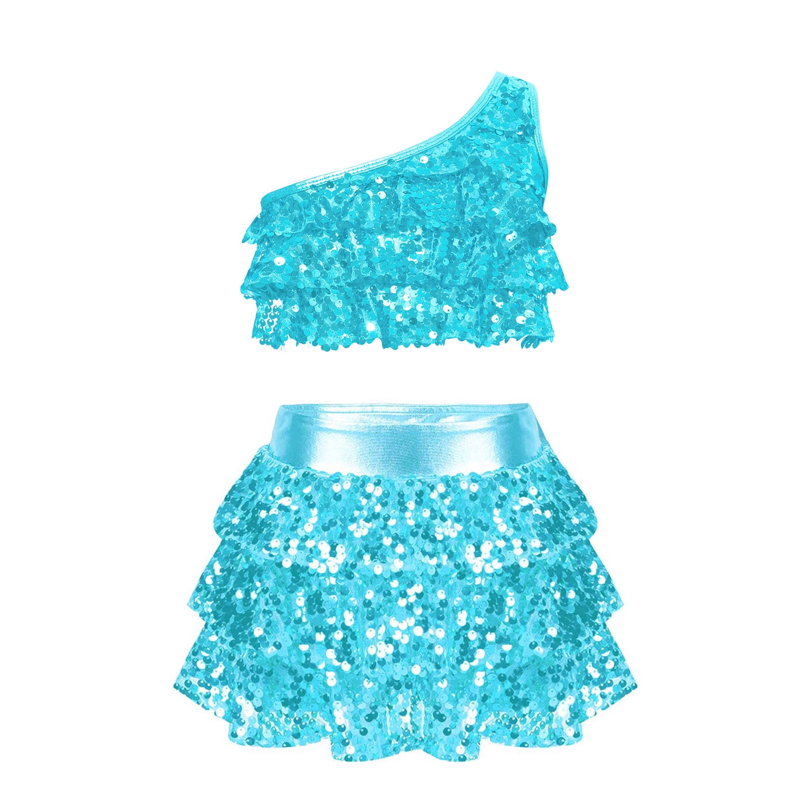 YONGHS Girls Jazz Latin Dance Costume Sequins Ruffle One Shoulder Crop ...