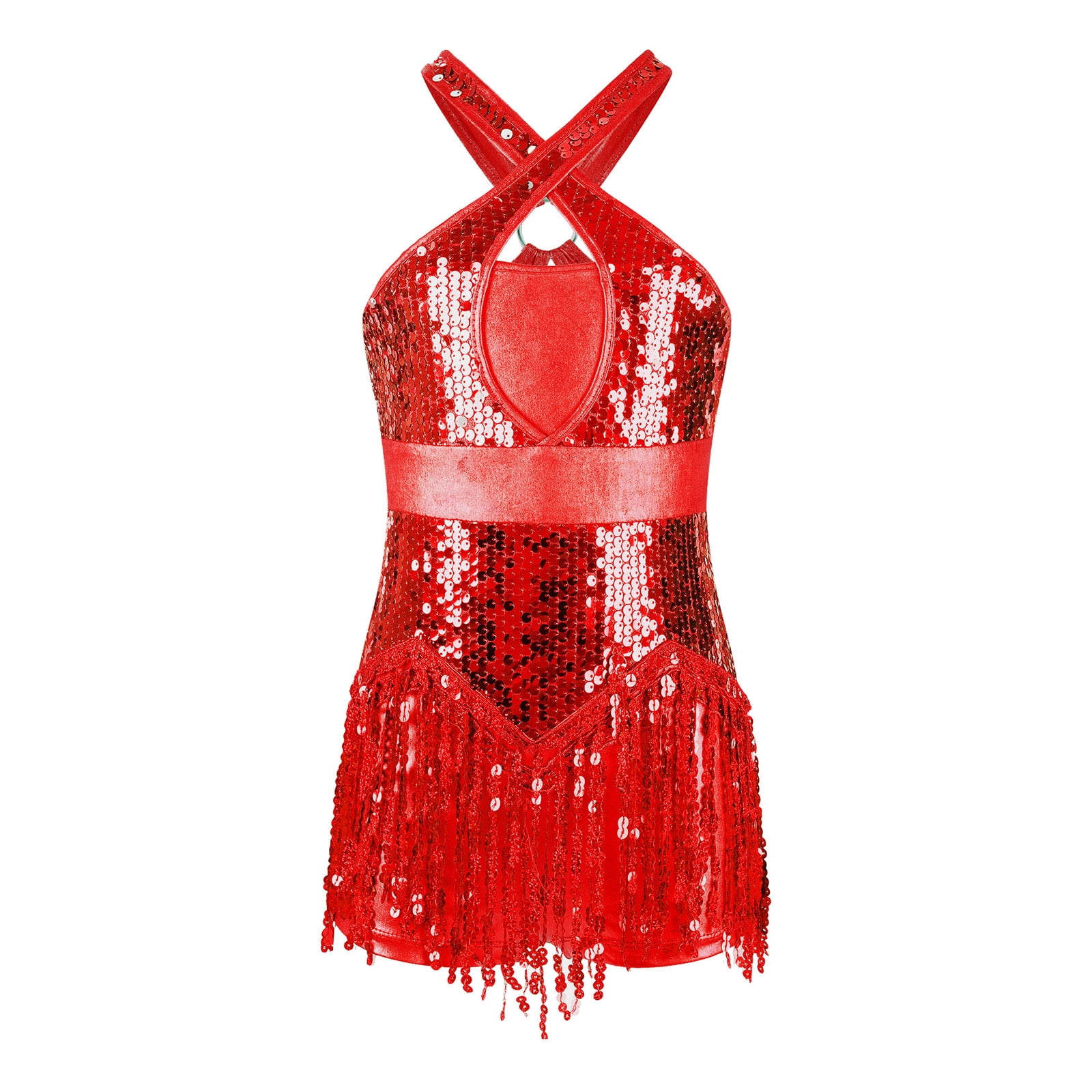 YONGHS Girls Latin Dance Dress Metallic Sequins Tassel Skirt Leotard ...