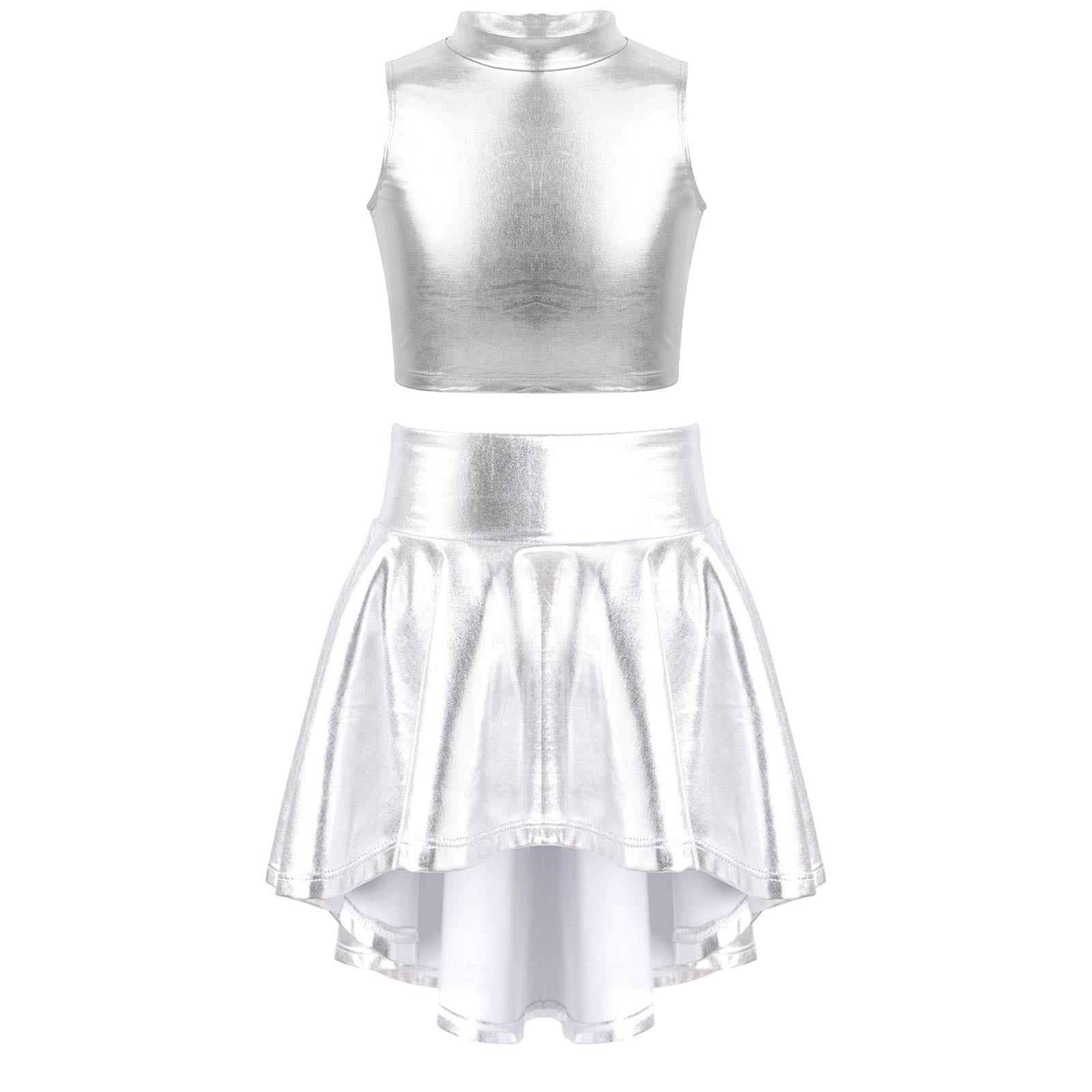 YONGHS Girls Metallic Crop Top with Pleated Skirt for Hip Hop Jazz ...