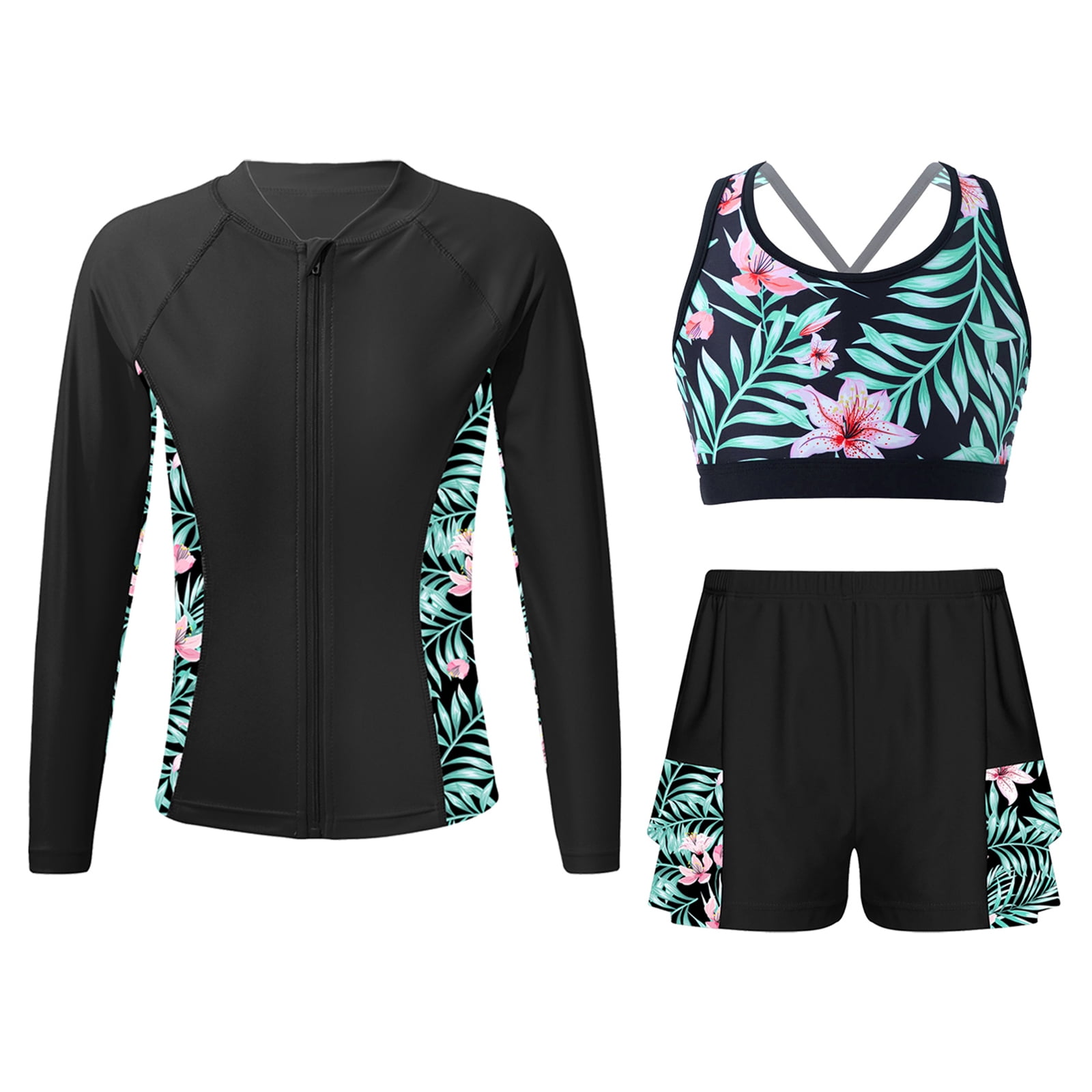 YONGHS Girls Modest Swimsuits Rashguard Shirts Tankini Swim Cover Up ...