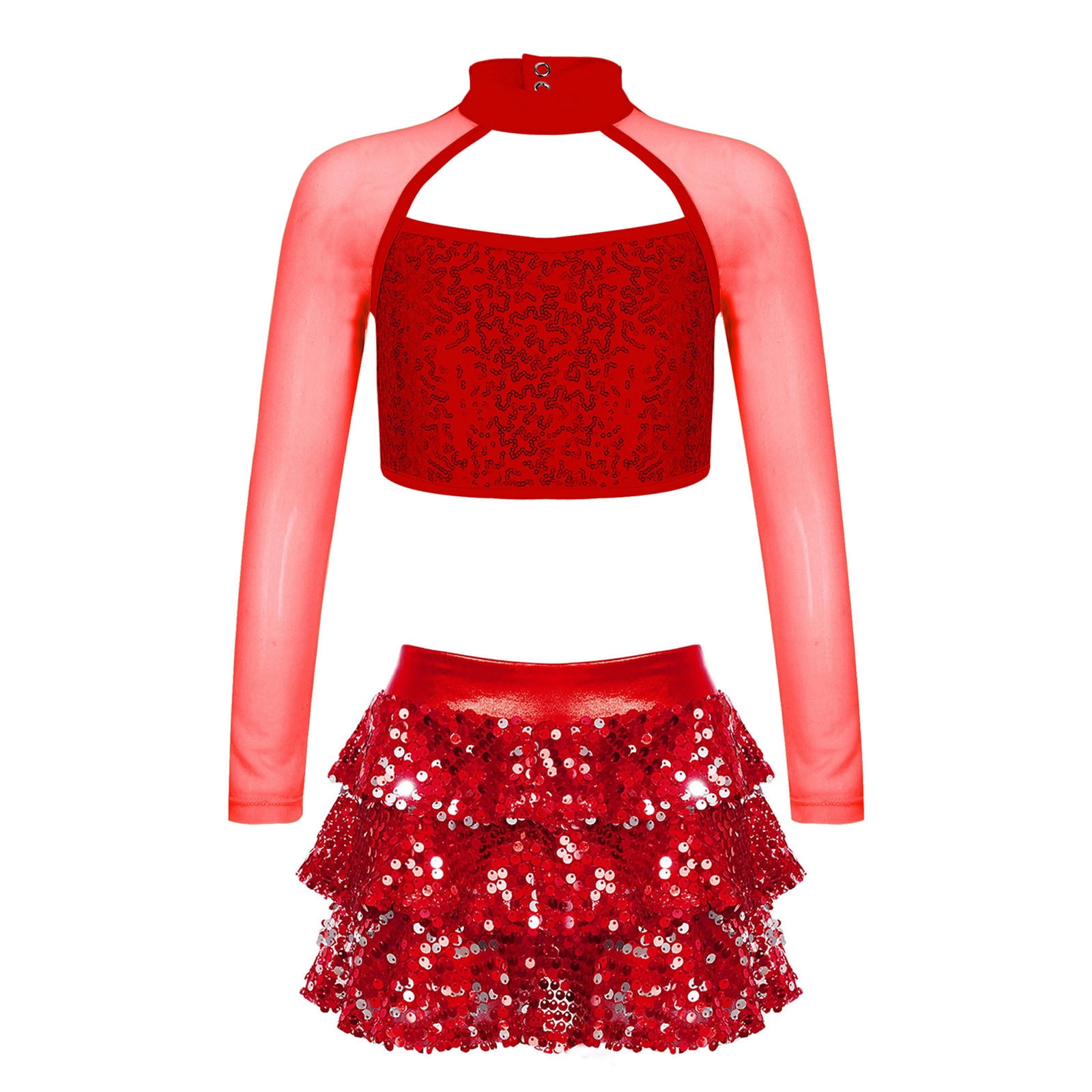 YONGHS Girls Sequins Jazz Hip Hop Dance Performance Outfits Crop Top ...