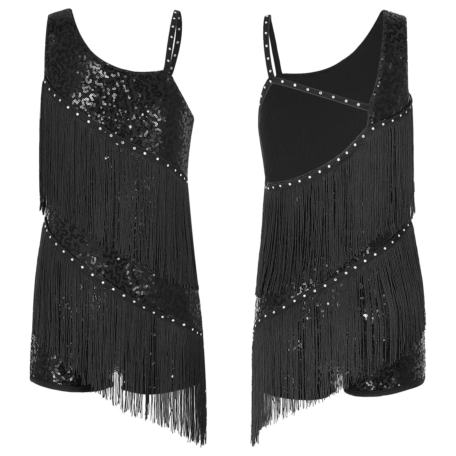YONGHS Girls Sequins Tassel Latin Samba Dance Dress Ballroom Dancewear ...