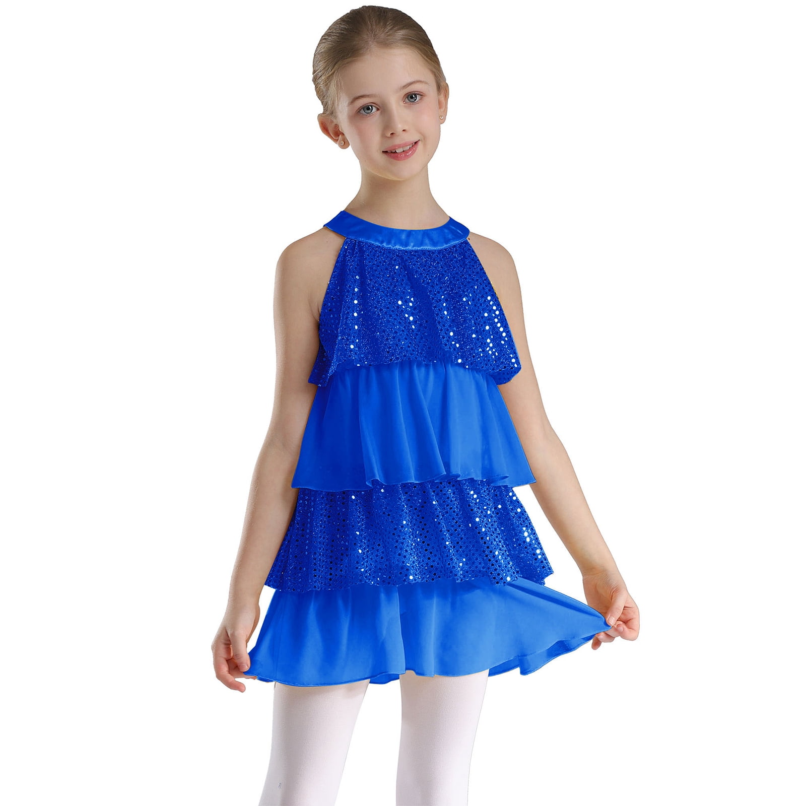 YONGHS Girls Sleeveless Sequin Ruffle Halter Ballet Dance Dress Modern ...