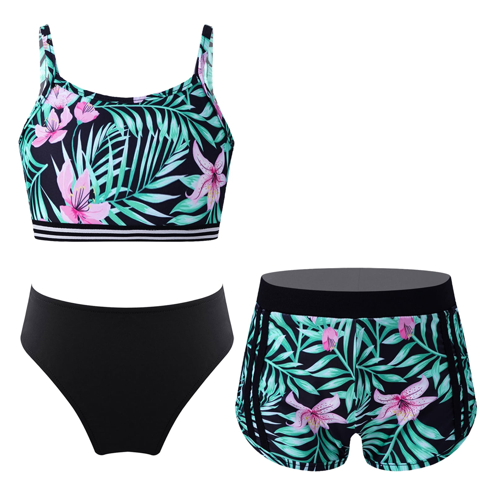 YONGHS Girls Swimsuits 3 Piece Tankini Bathing Suit Set Teen Print ...