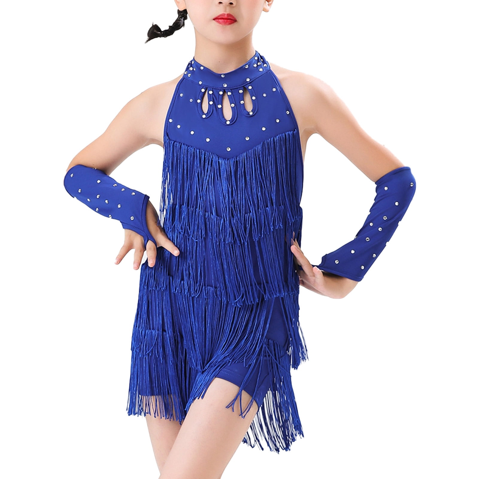 YONGHS Girls Tassel Latin Dance Fringe Dress with Gloves Salsa Tango ...